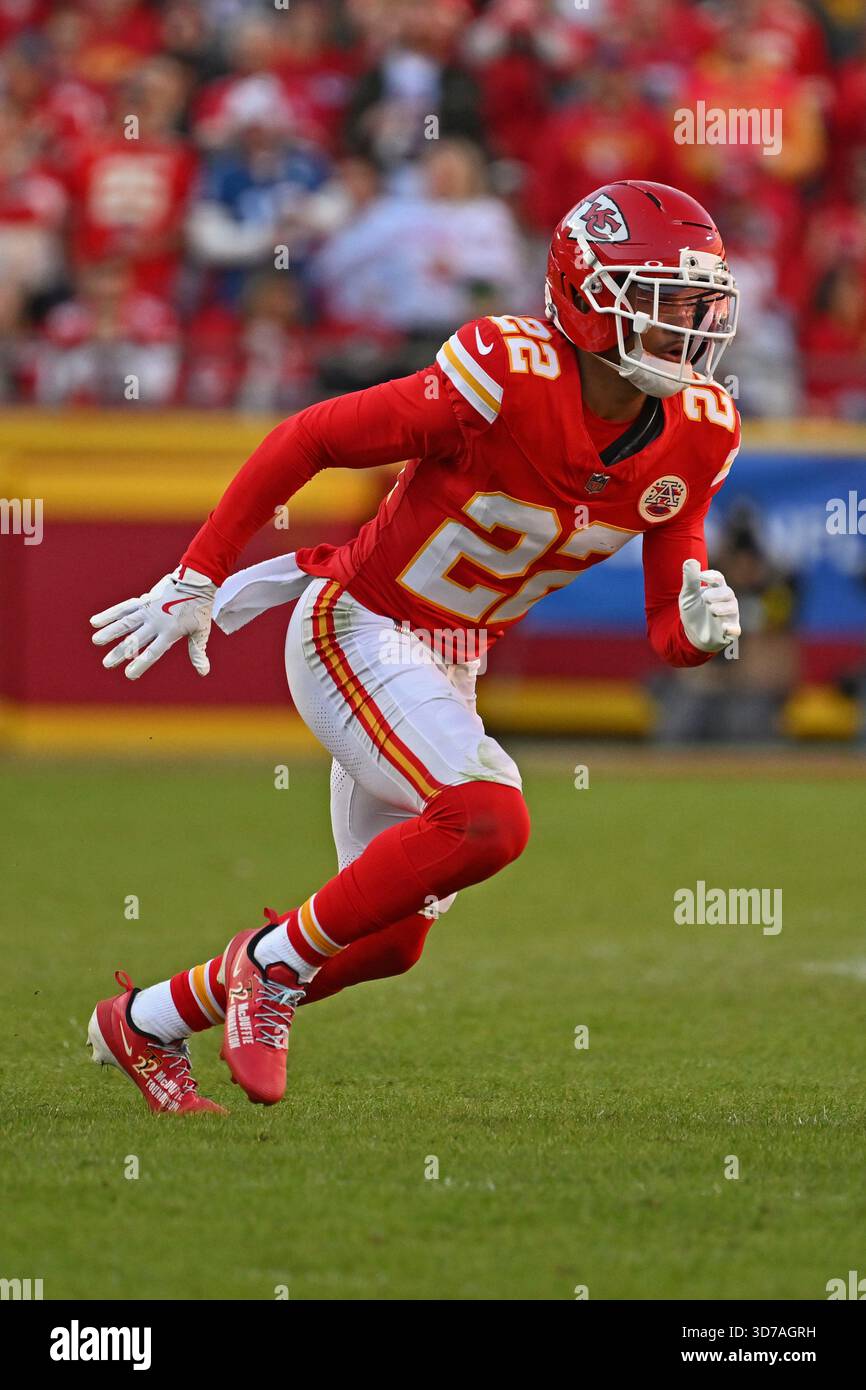 Kansas City Chiefs cornerback Trent McDuffie (22) drops into coverage ...