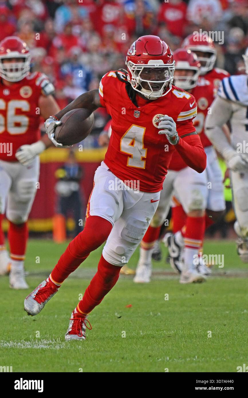 Kansas City Chiefs wide receiver Rashee Rice (4) runs up field after ...