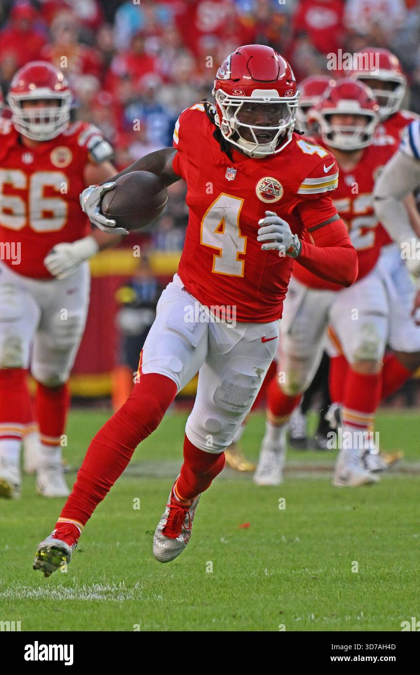 Kansas City Chiefs wide receiver Rashee Rice (4) runs up field after ...