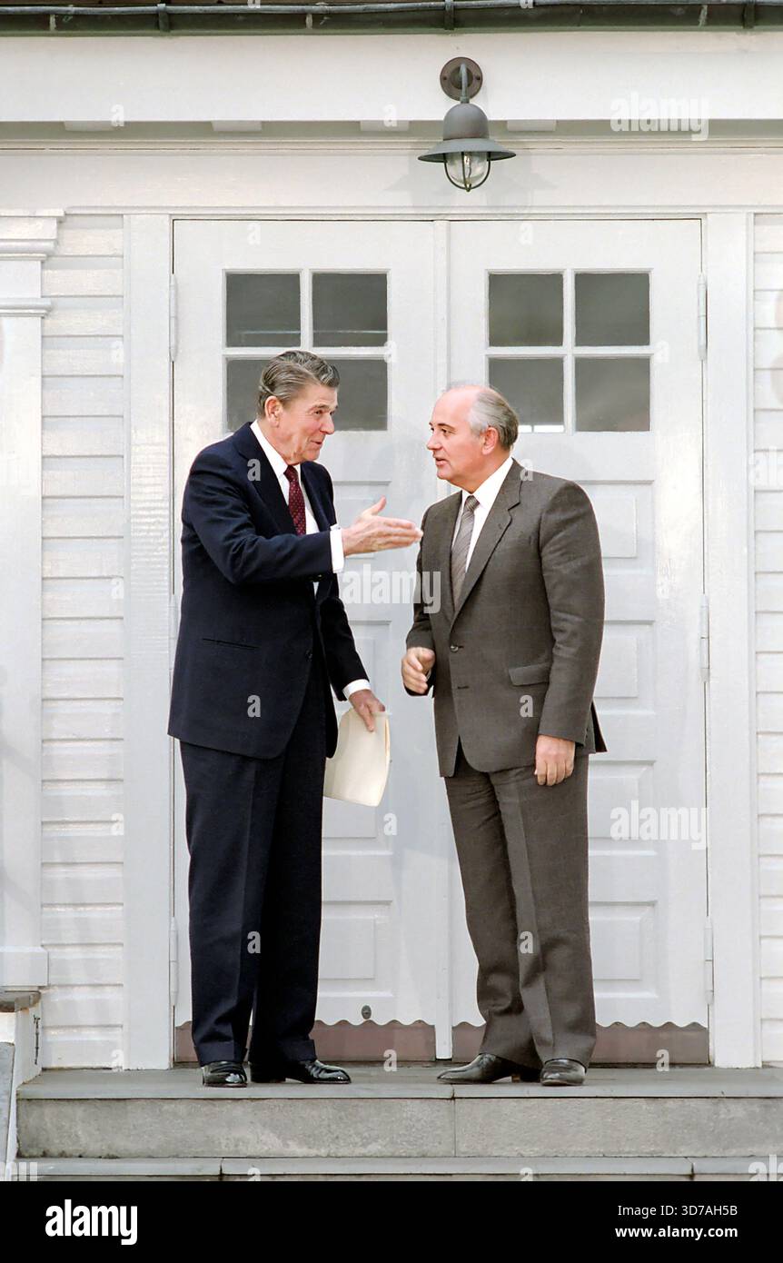 U.S. President Ronald Reagan with Soviet General Secretary Mikhail ...