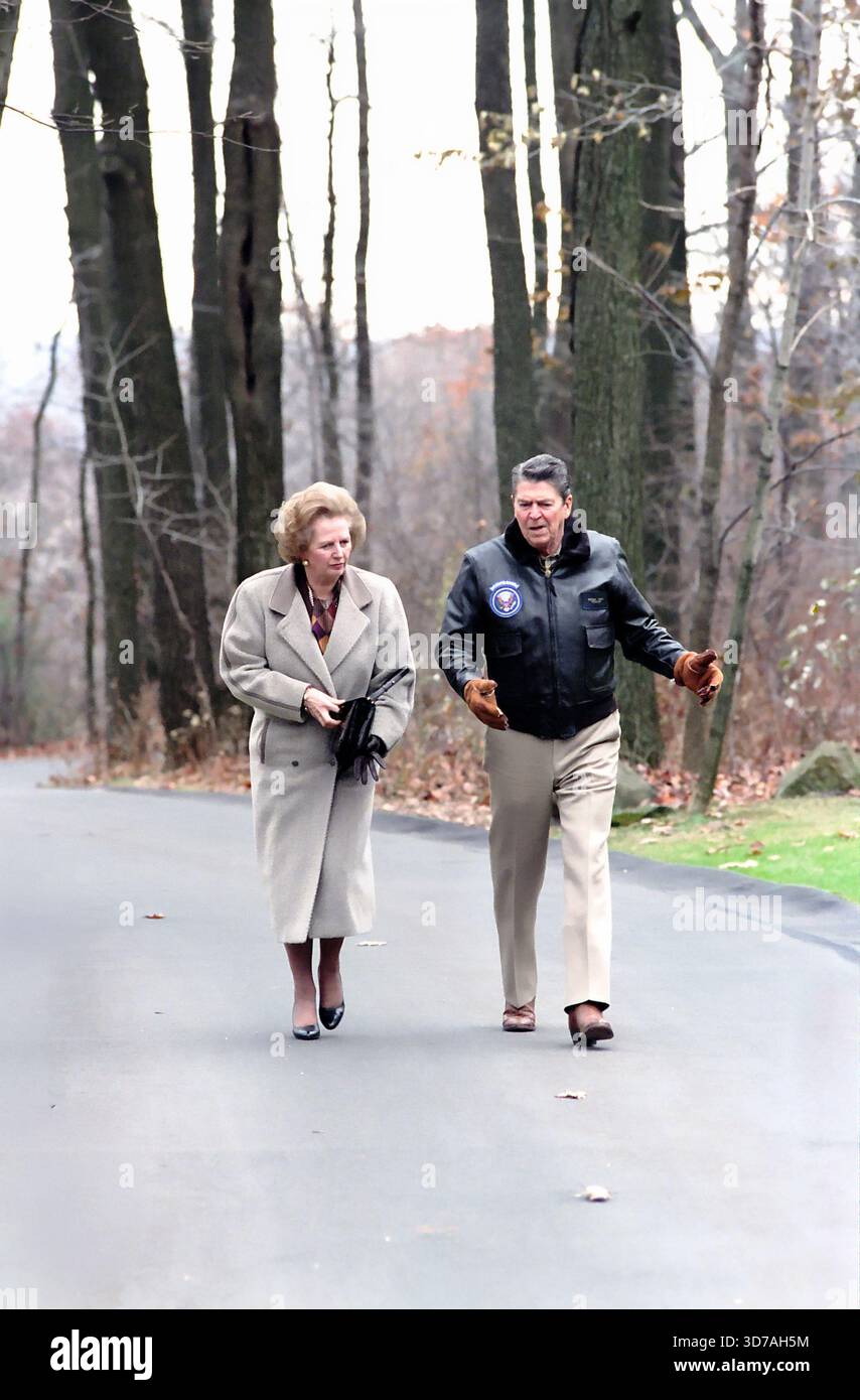 U.S. President Ronald Reagan walking with British Prime Minister ...