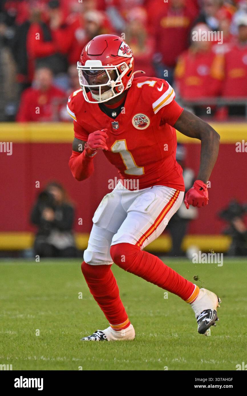 Kansas City Chiefs wide receiver Xavier Worthy (1) runs off the line of ...