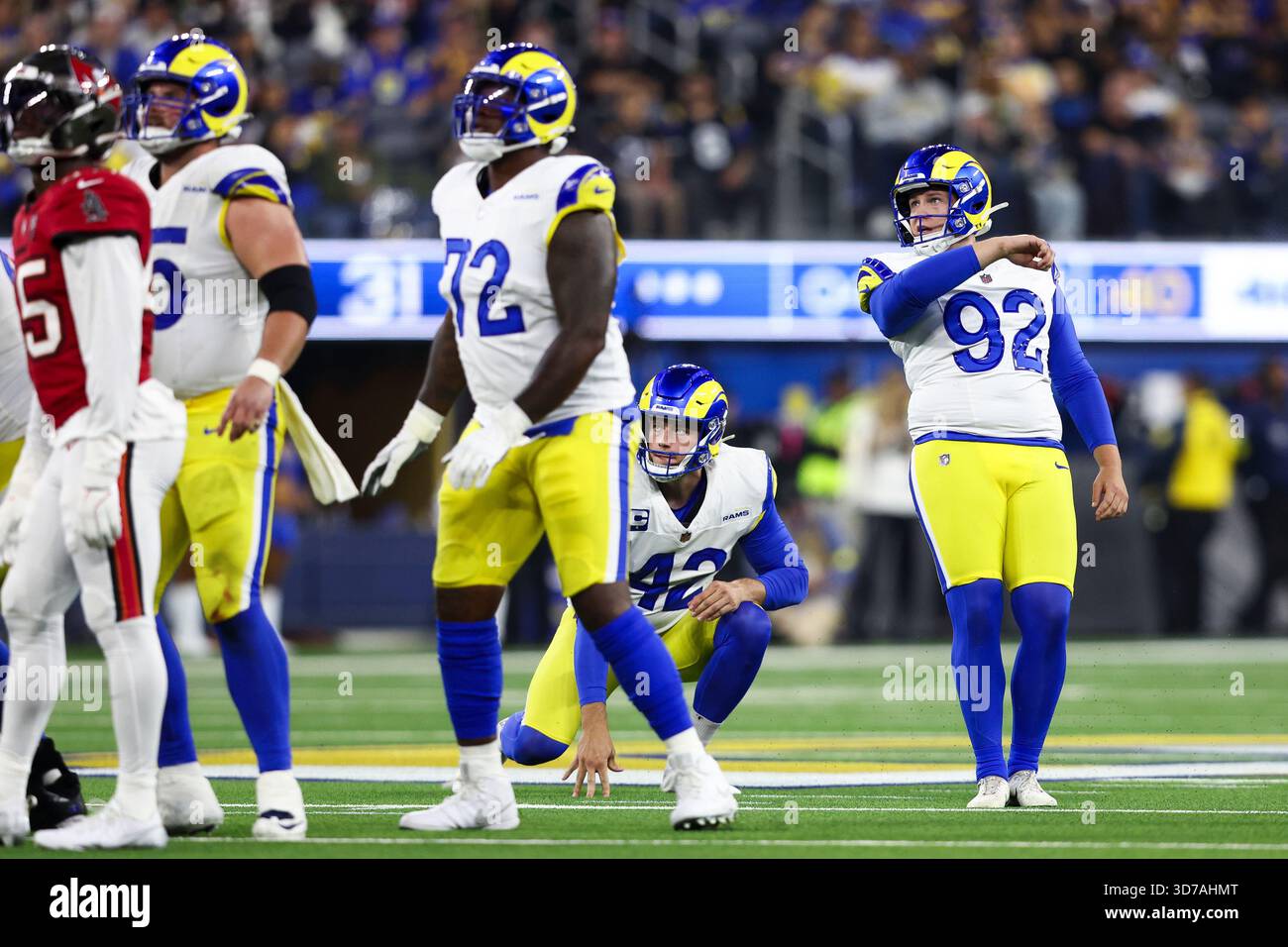 Los Angeles Rams place kicker Harrison Mevis (92) looks on after a ...