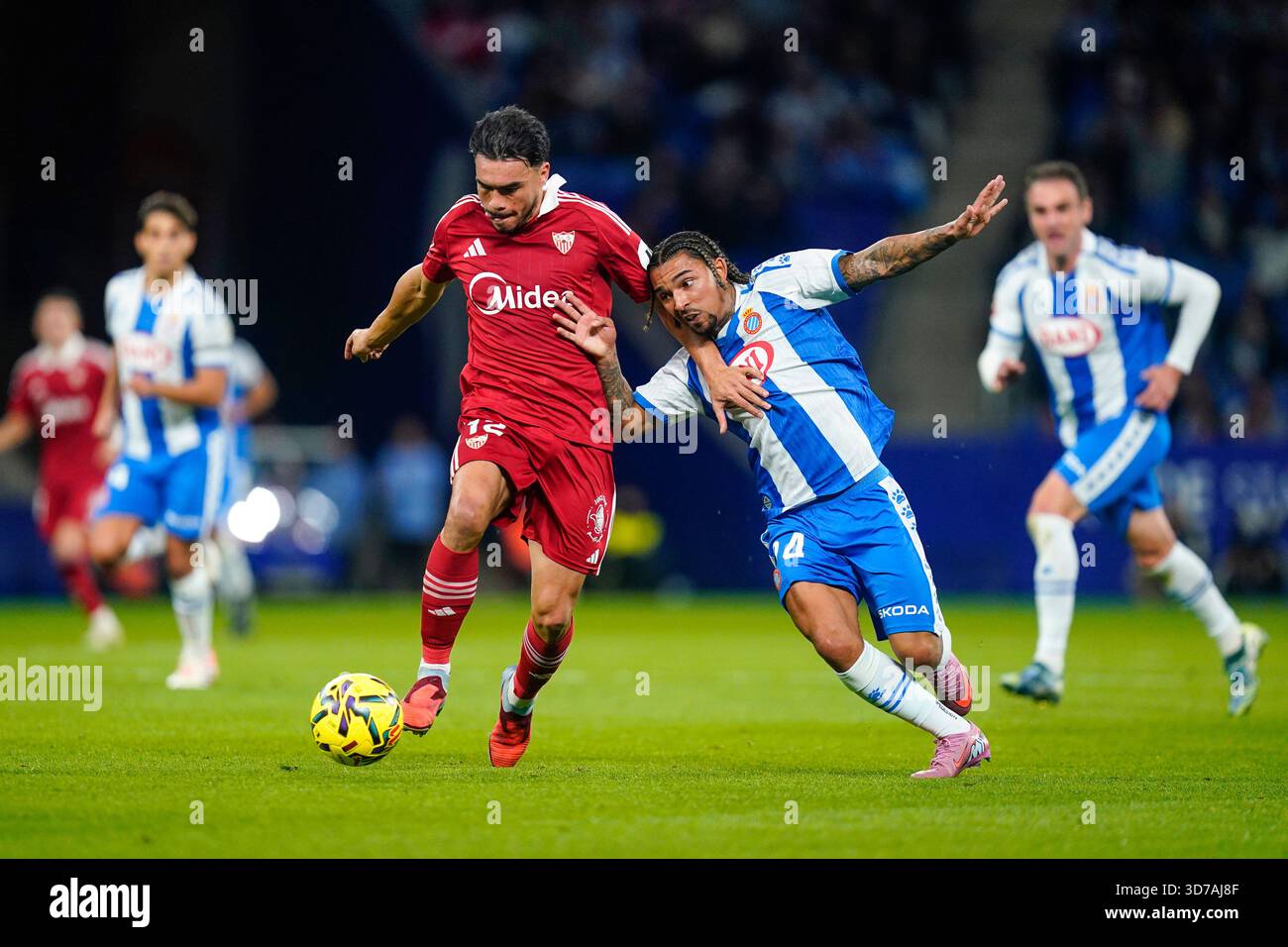 Gabriel Suazo of Sevilla FC and Thyrhys Dolan of RCD Espanyol during the La Liga EA Sports match ...