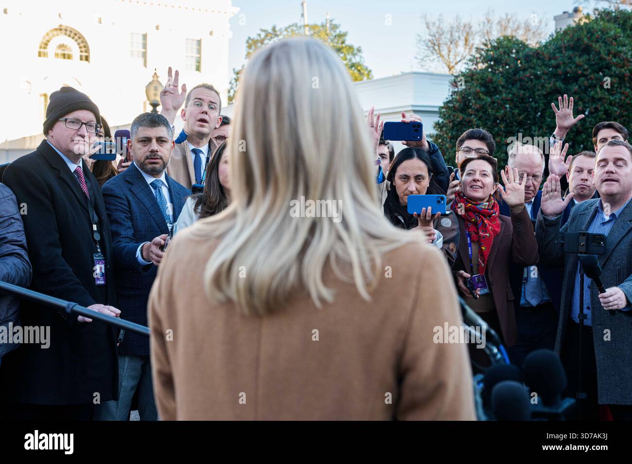 White House Press Secretary Karoline Leavitt speaks to members of the ...