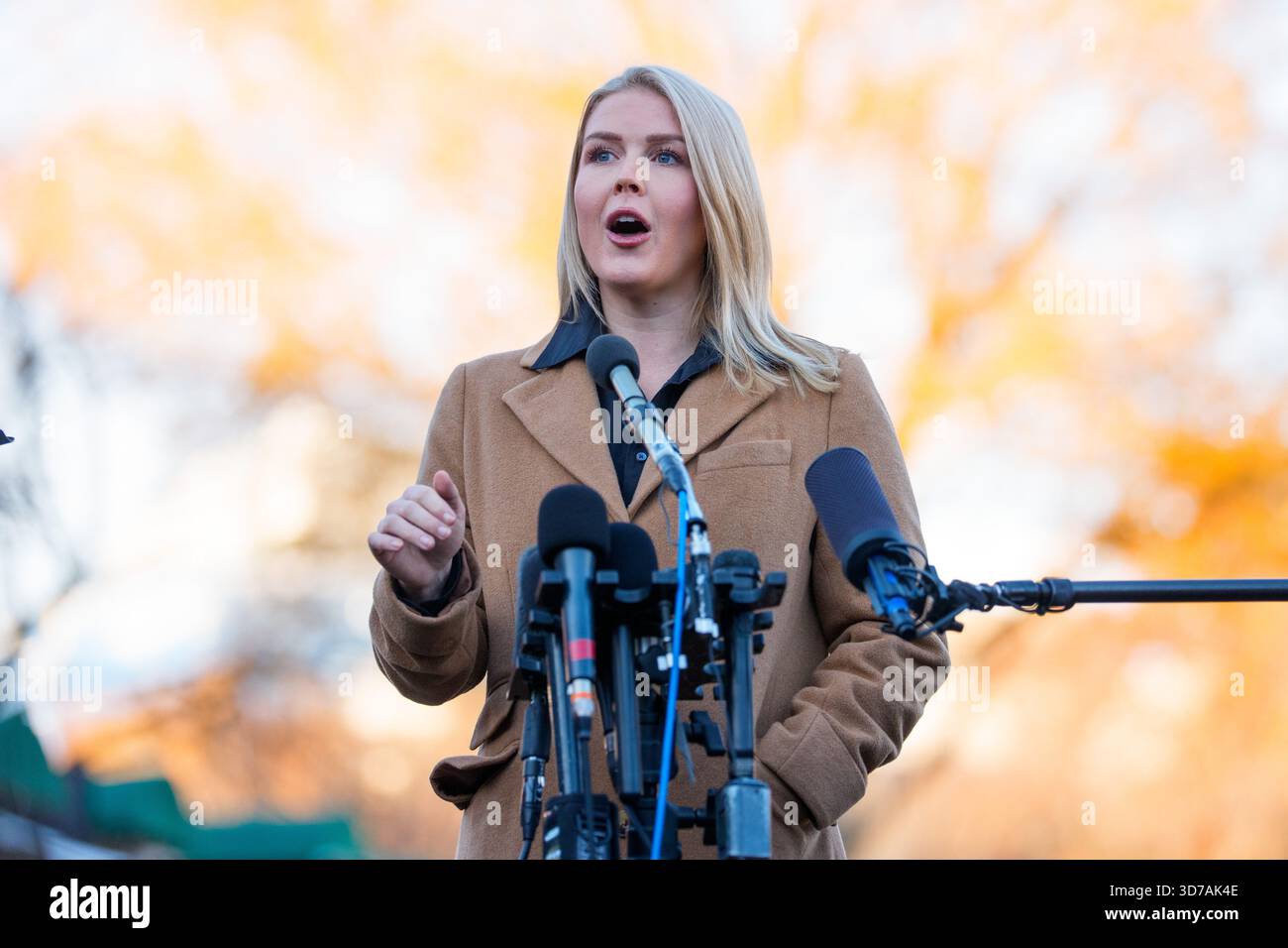 White House Press Secretary Karoline Leavitt speaks to members of the ...