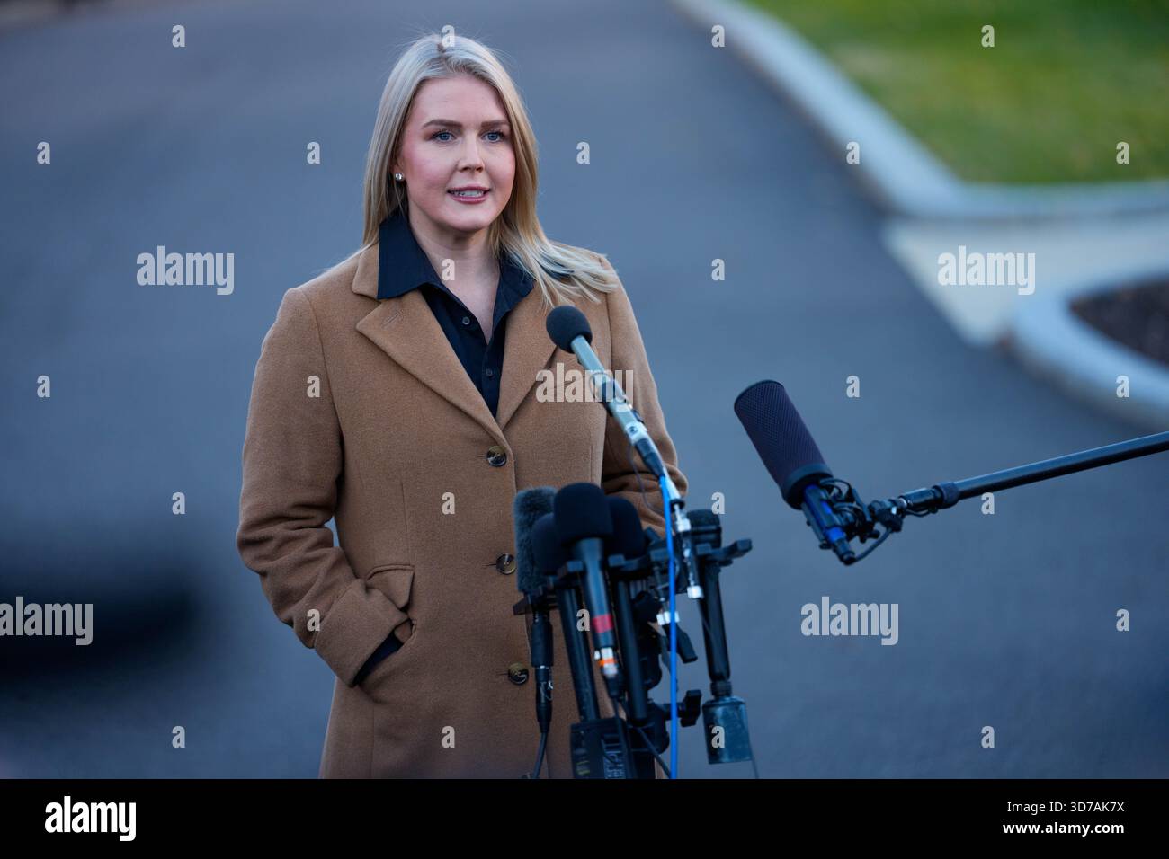 White House Press Secretary Karoline Leavitt speaks to members of the ...
