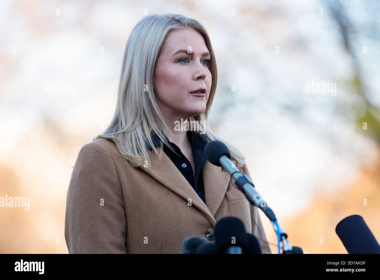 White House Press Secretary Karoline Leavitt speaks to members of the ...