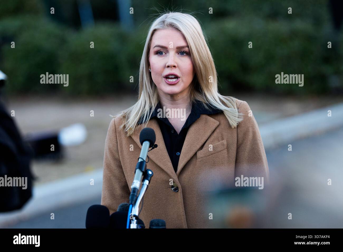 White House Press Secretary Karoline Leavitt speaks to members of the ...