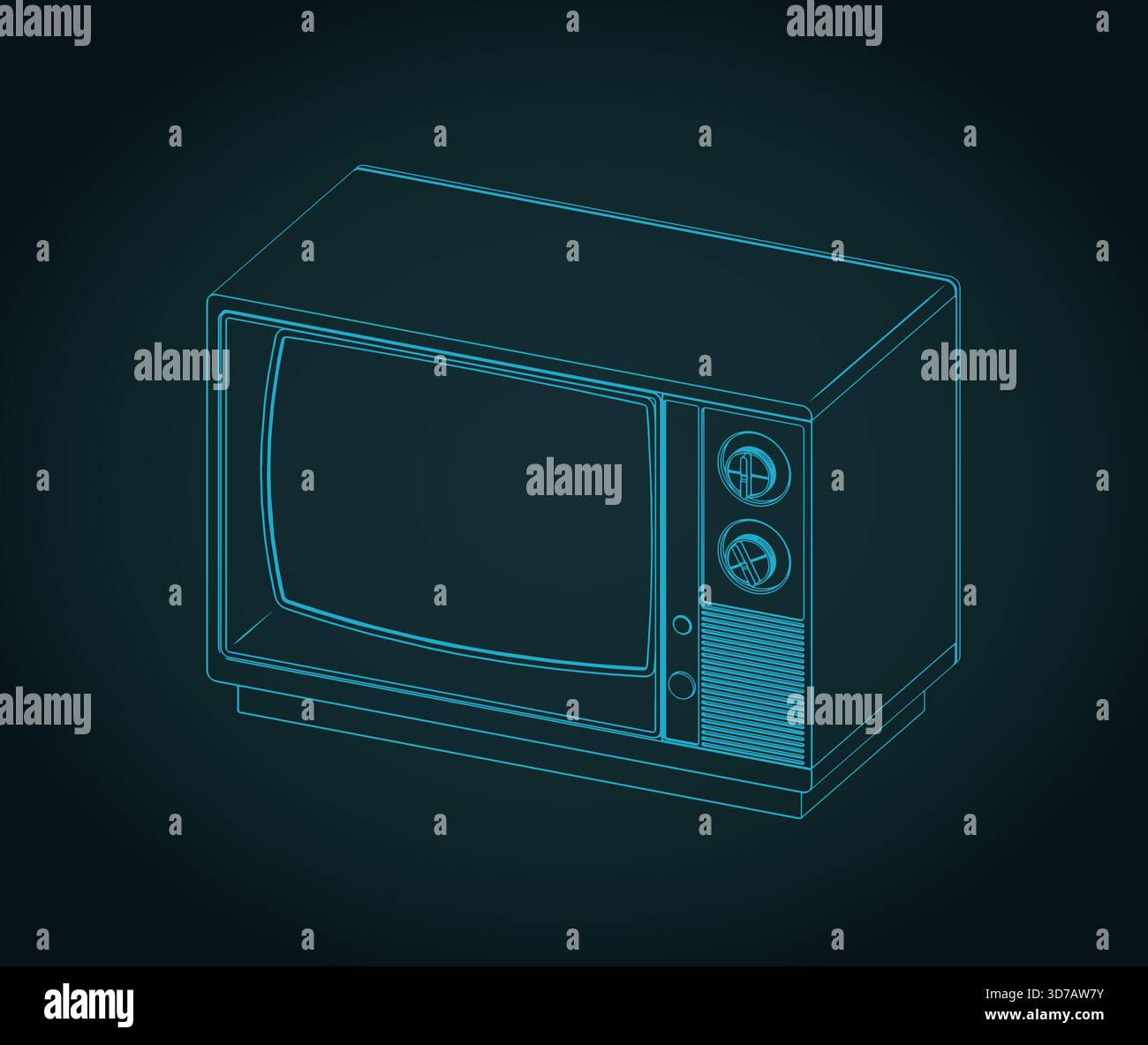 Stylized vector illustration of isometric blueprint of retro television ...