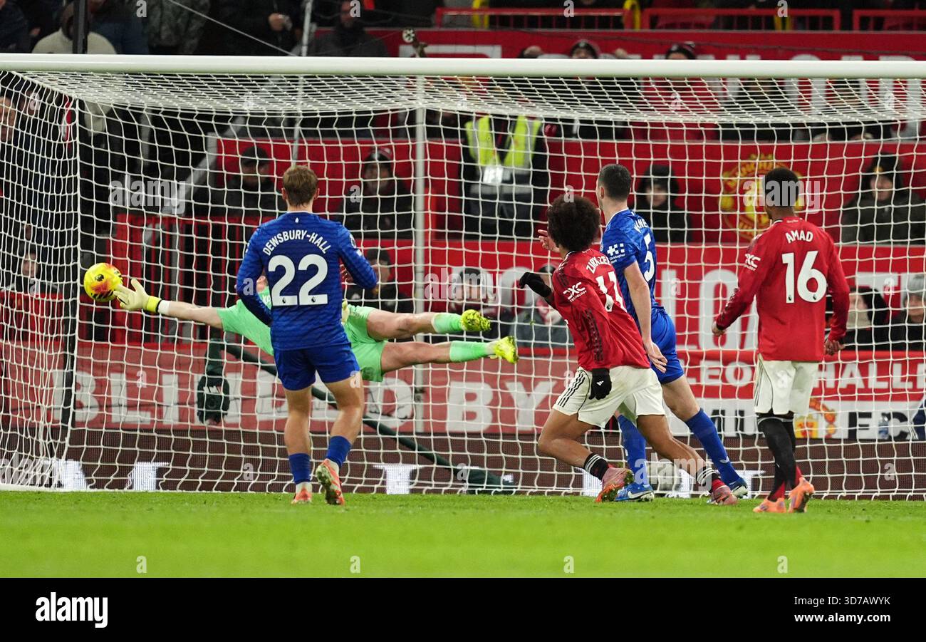 Everton goalkeeper Jordan Pickford makes a save from Manchester United ...