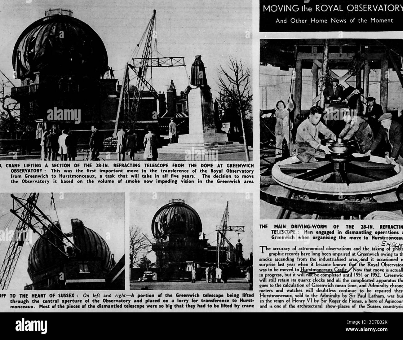 Crane lifting a section of the 28-in Refracting telescope from dome at ...
