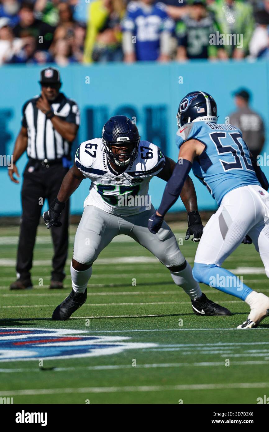 Seattle Seahawks offensive tackle Charles Cross (67) plays during their ...