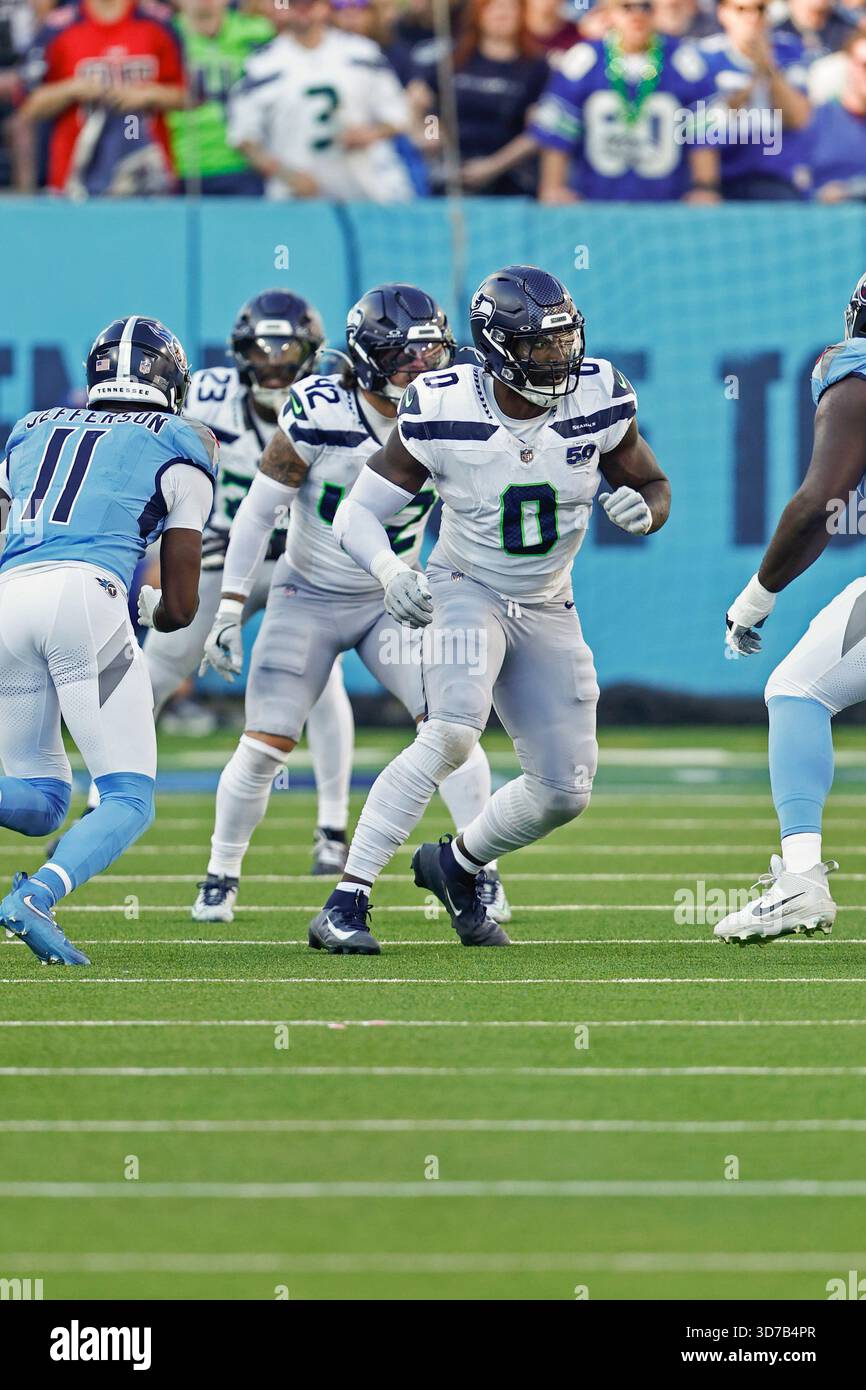 Seattle Seahawks defensive end DeMarcus Lawrence (0) plays during their ...