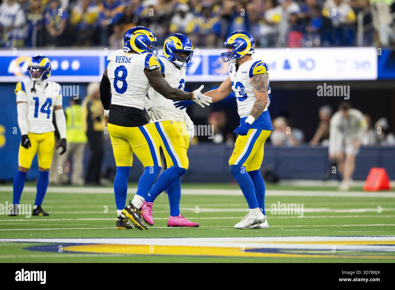 Los Angeles Rams linebacker Nate Landman (53), linebacker Jared Verse ...