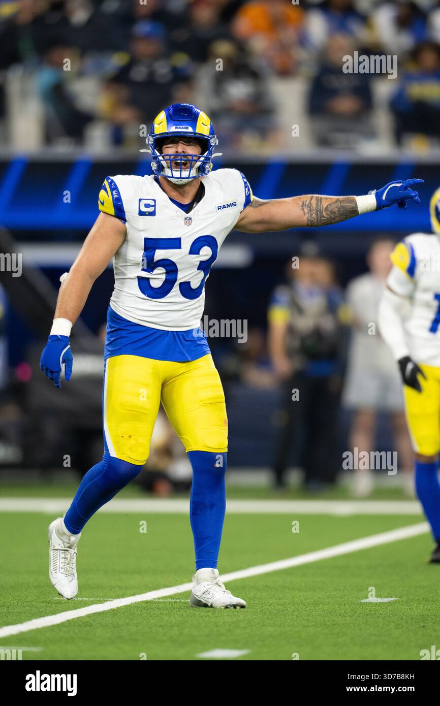 Los Angeles Rams linebacker Nate Landman (53) gestures during an NFL ...