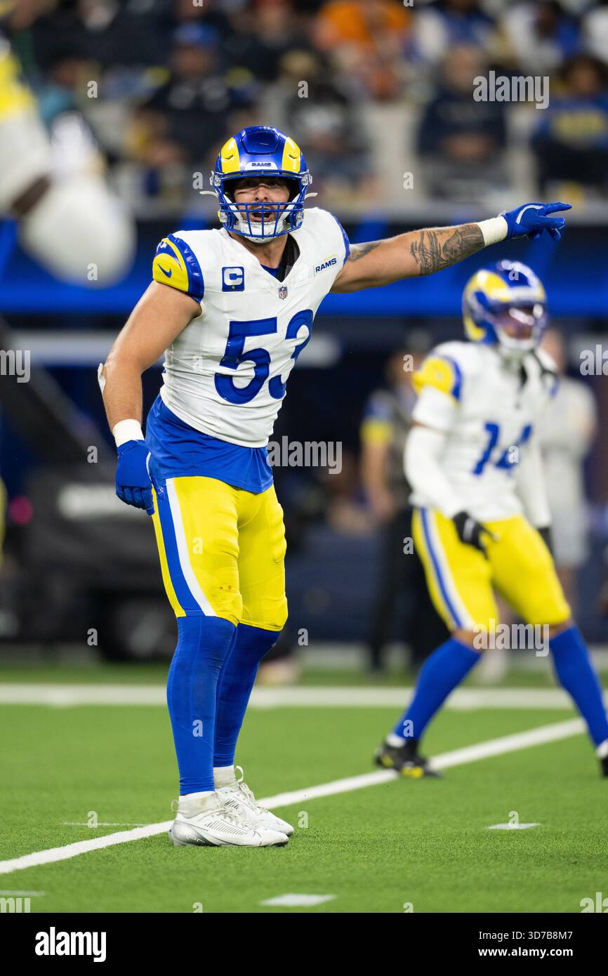 Los Angeles Rams linebacker Nate Landman (53) gestures during an NFL ...