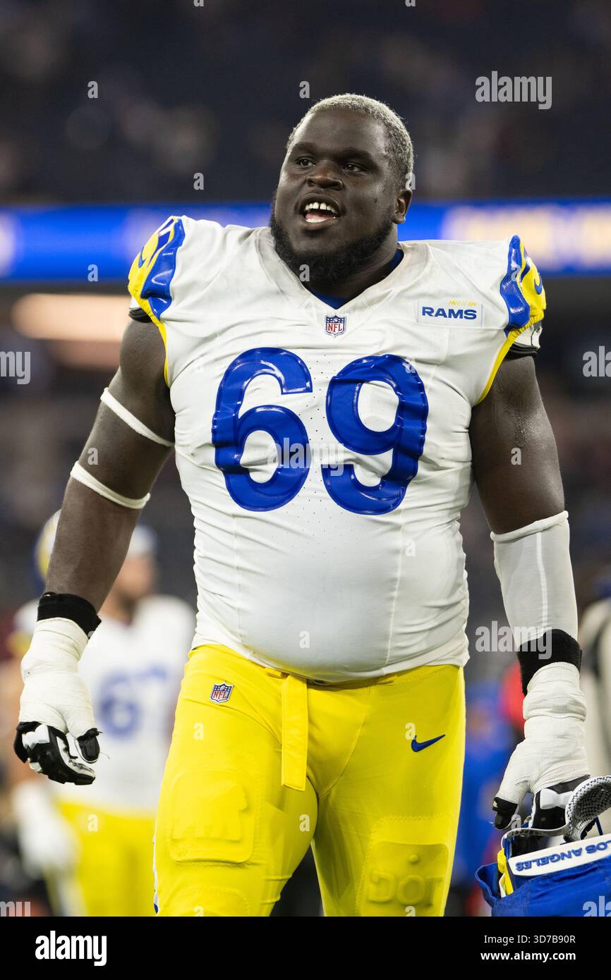 Los Angeles Rams guard Kevin Dotson (69) walks back to the locker room after an NFL football ...