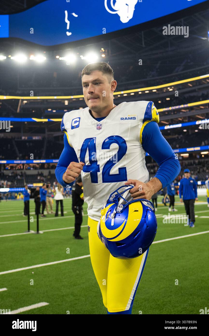 Los Angeles Rams punter Ethan Evans (42) jogs back to the locker room ...