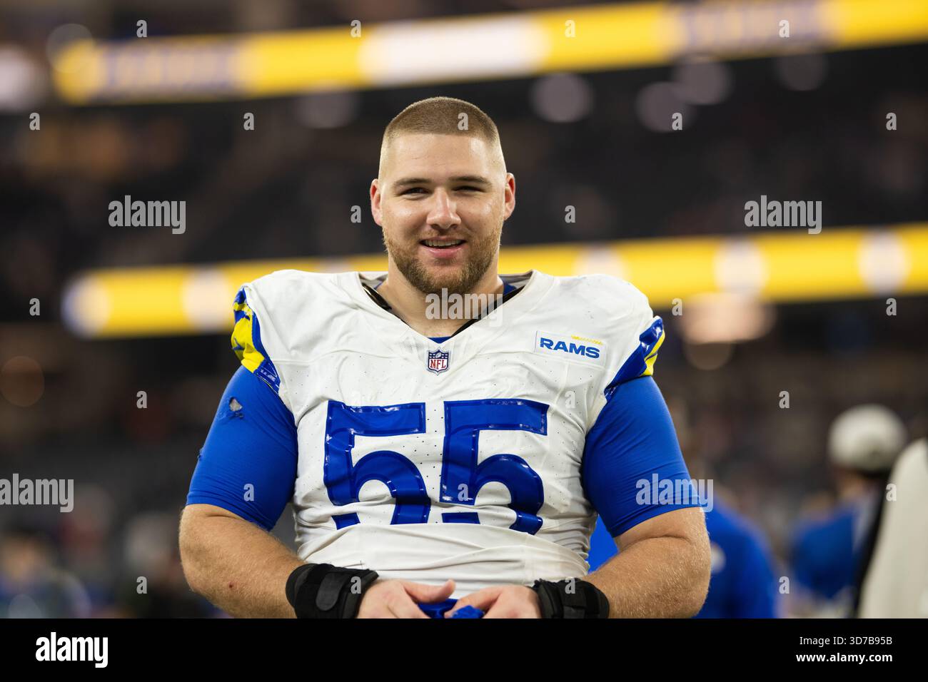 Los Angeles Rams defensive end Braden Fiske (55) walks back to the ...