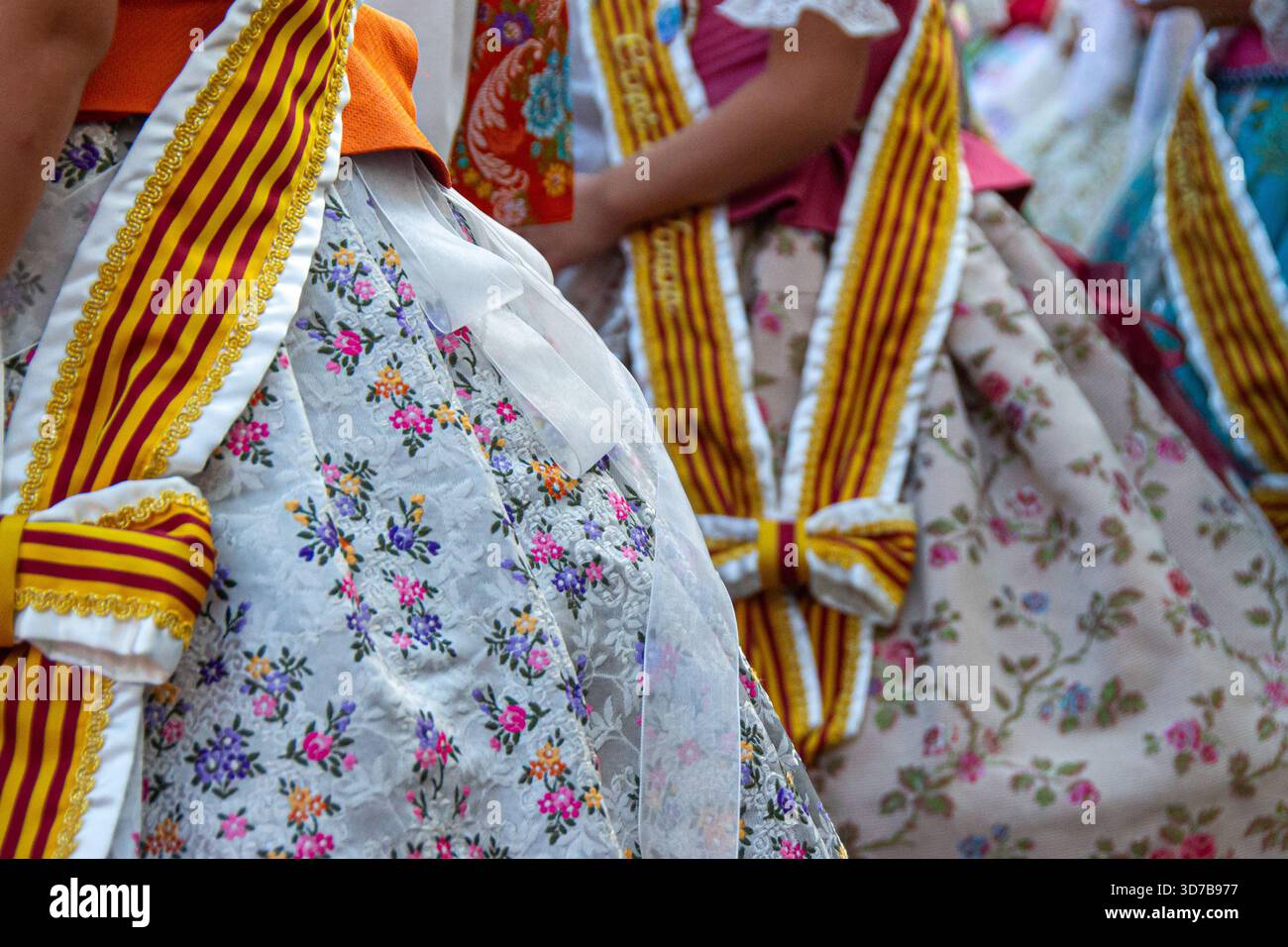 Close-up of a colourful traditional costume from the Fallas festival in ...