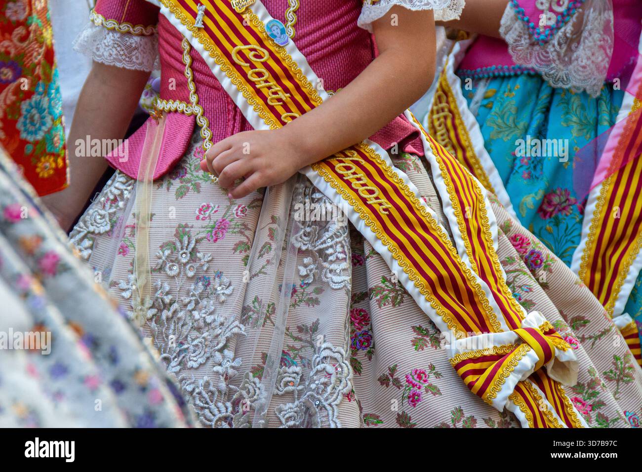 Close-up of a colourful traditional costume from the Fallas festival in ...