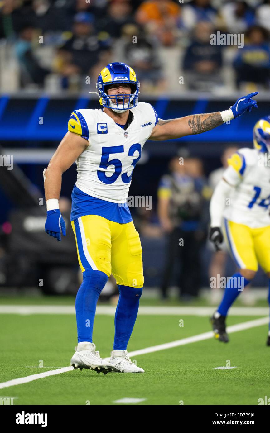 Los Angeles Rams linebacker Nate Landman (53) gestures during an NFL ...