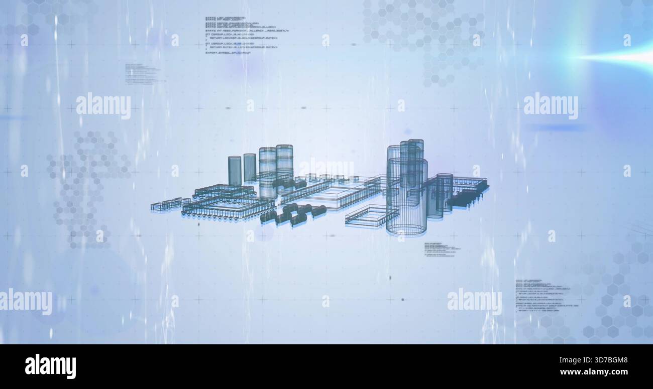 Displaying 3D plant wireframe centered on blue CAD canvas showing tanks ...