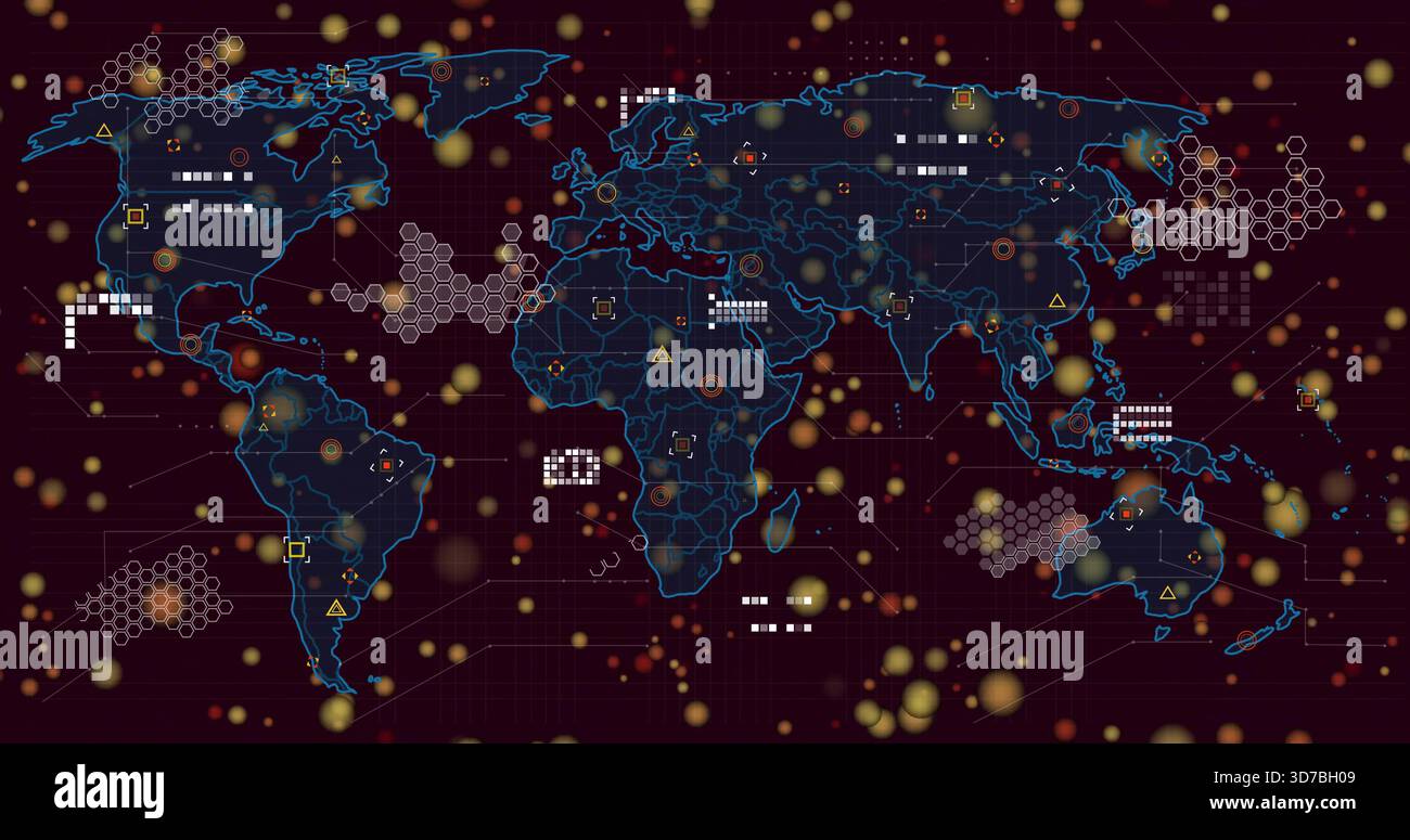 Displaying stylized world map with neon-blue outlines on maroon UI ...