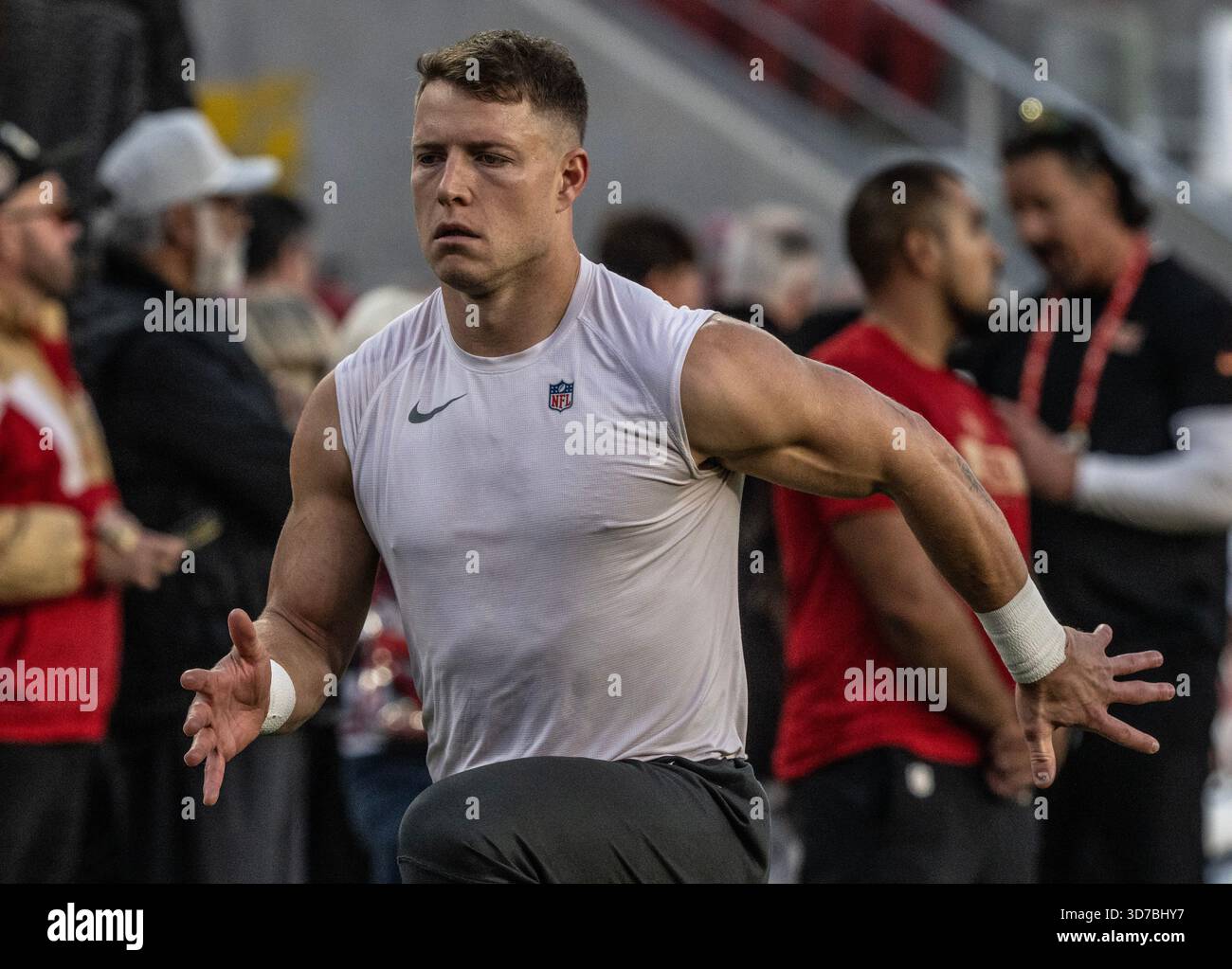 San Francisco 49ers running back Christian McCaffrey warms up to play ...