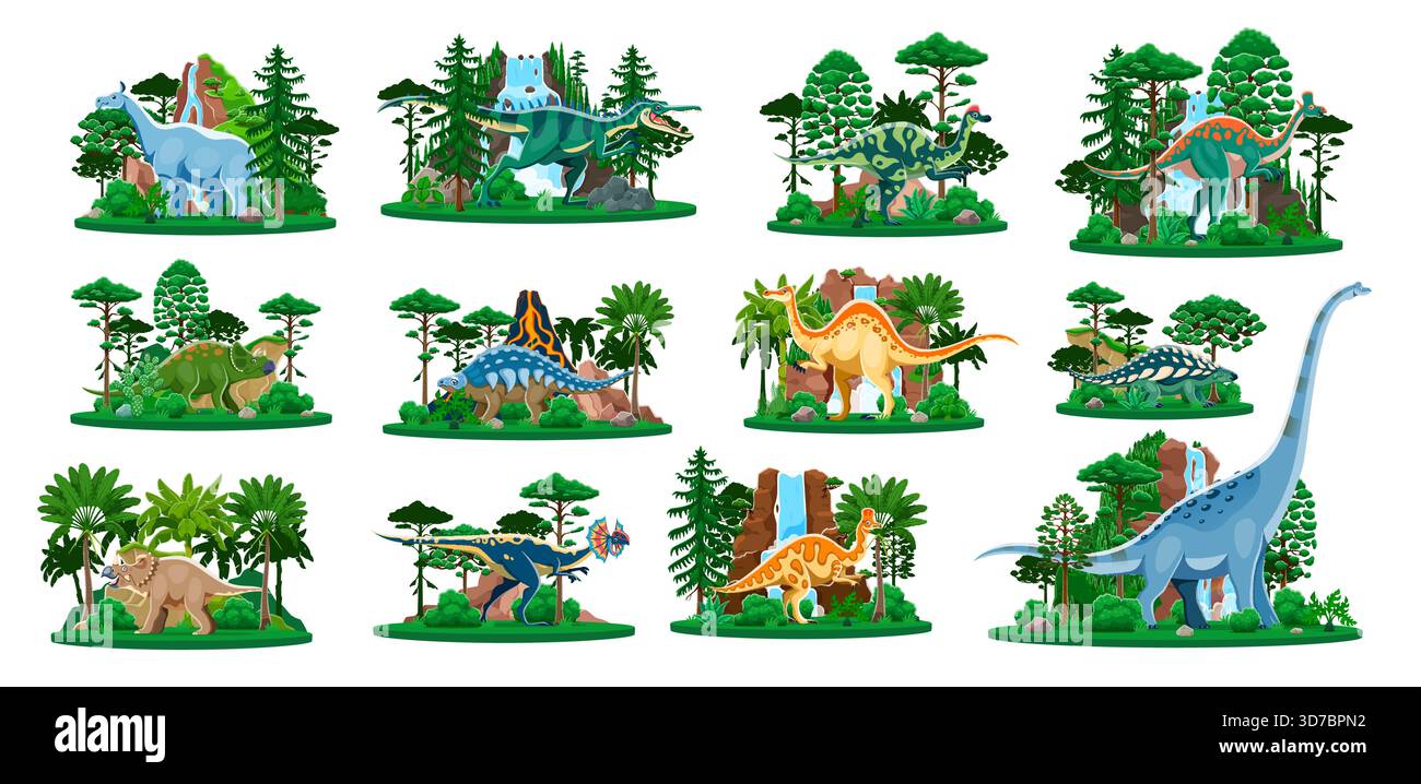Prehistoric dinosaurs, reptiles and lizards with dino animals, cartoon ...