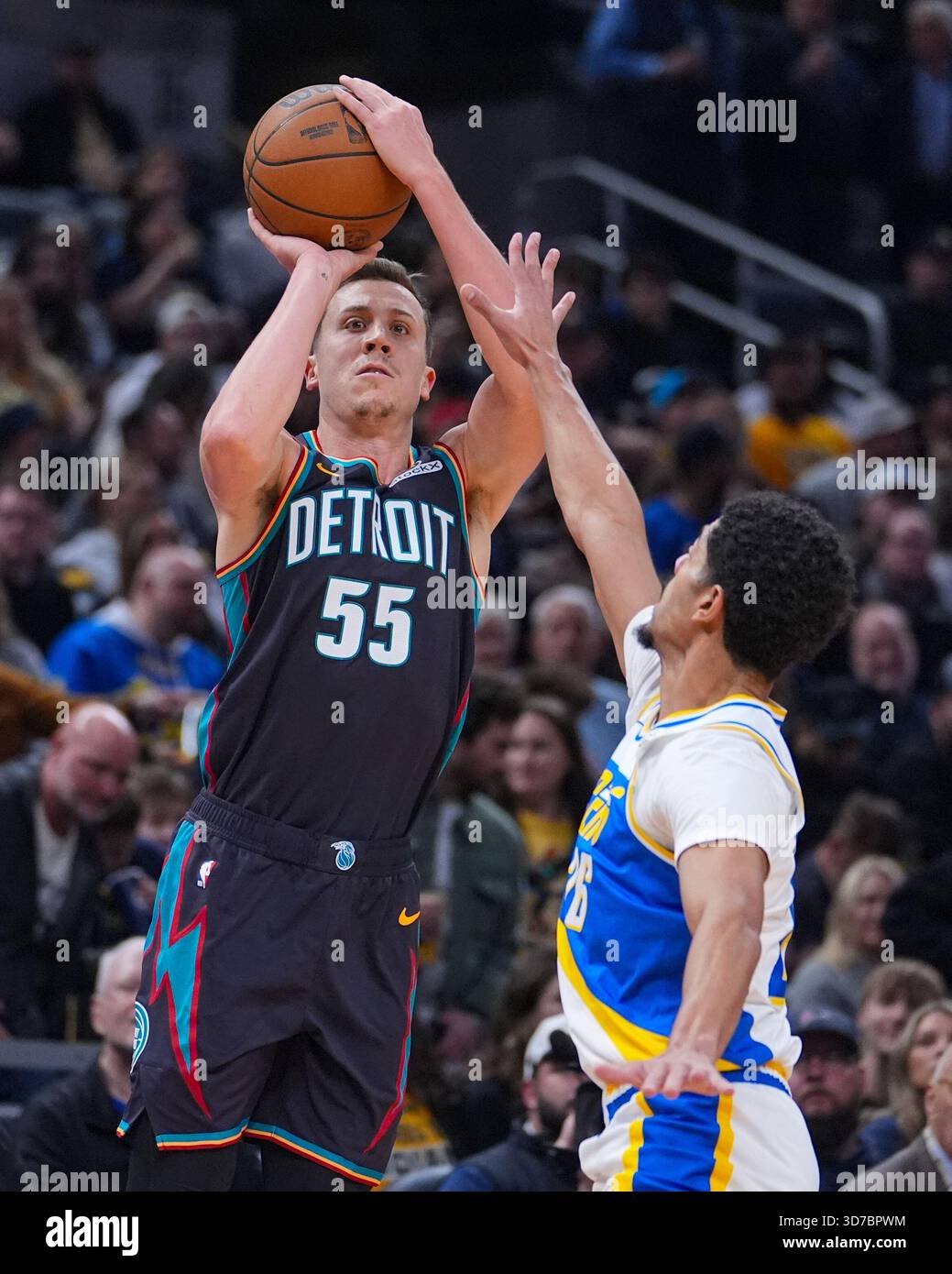 Detroit Pistons forward Duncan Robinson (55) shoots over Indiana Pacers ...
