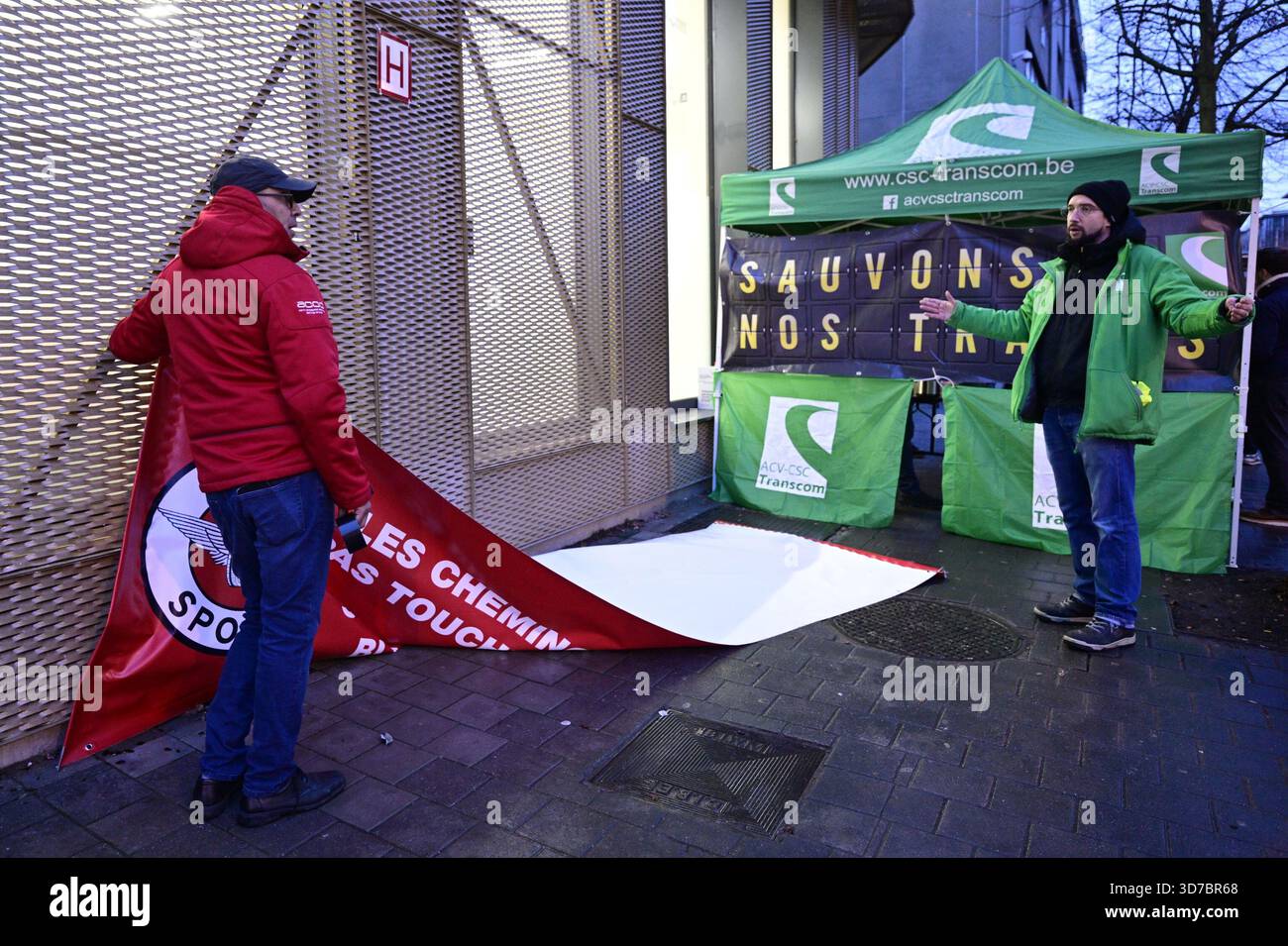 Banners of ACV - CSC union transcom and CGSP - ACOD pictured ahead of a ...