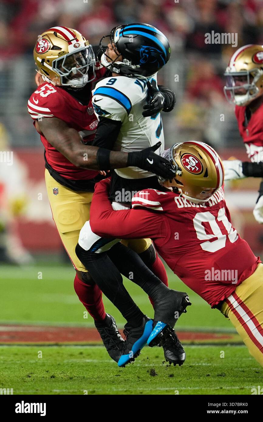 Carolina Panthers quarterback Bryce Young is hit by San Francisco 49ers ...