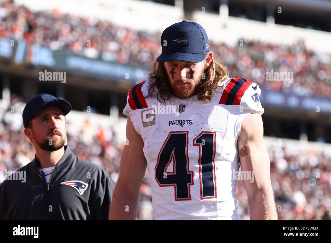 New England Patriots safety Brenden Schooler (41) leaves the field with ...