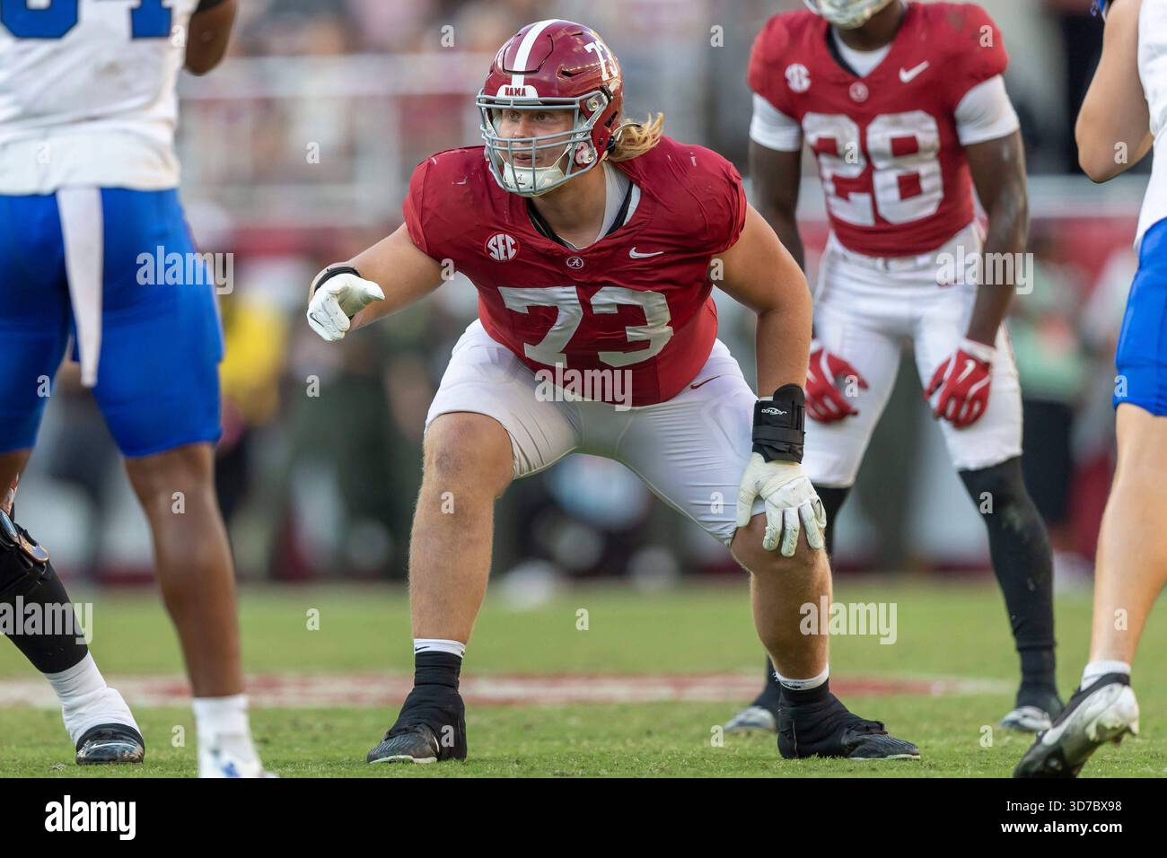 Alabama offensive lineman Olaus Alinen (73) signals at the line during ...