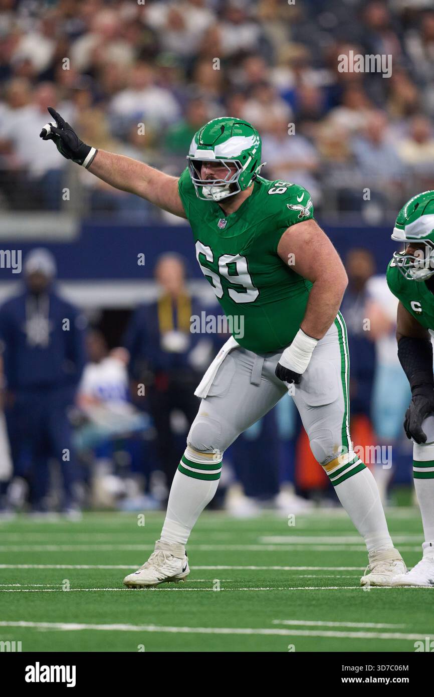 Philadelphia Eagles guard Landon Dickerson gestures during an NFL ...