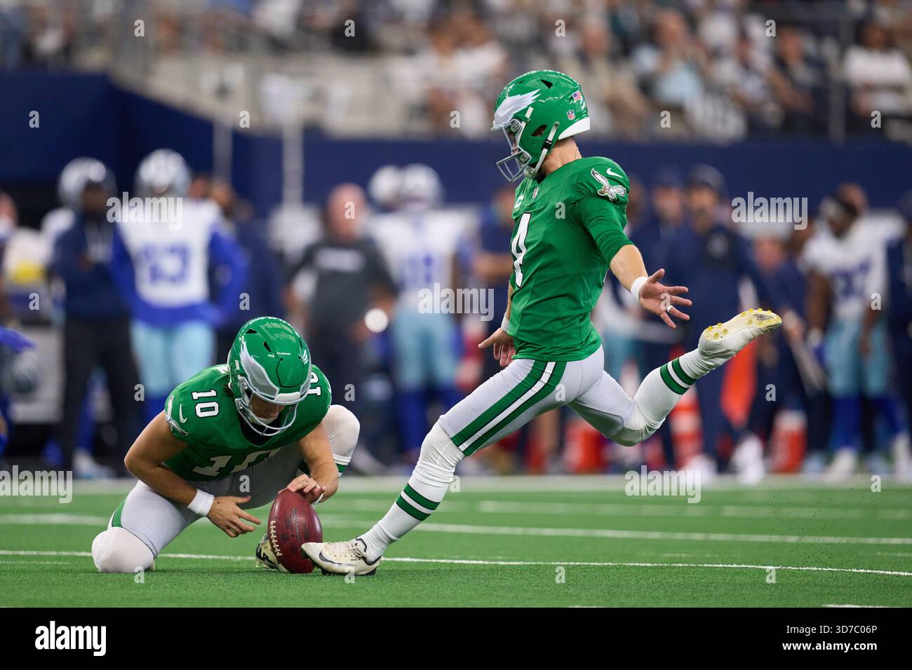 Philadelphia Eagles place kicker Jake Elliott, with Braden Mann holding ...