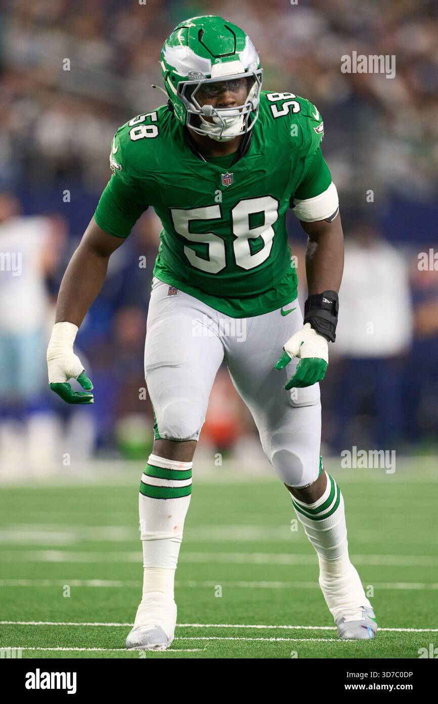 Philadelphia Eagles linebacker Jalyx Hunt waits for a play during an ...