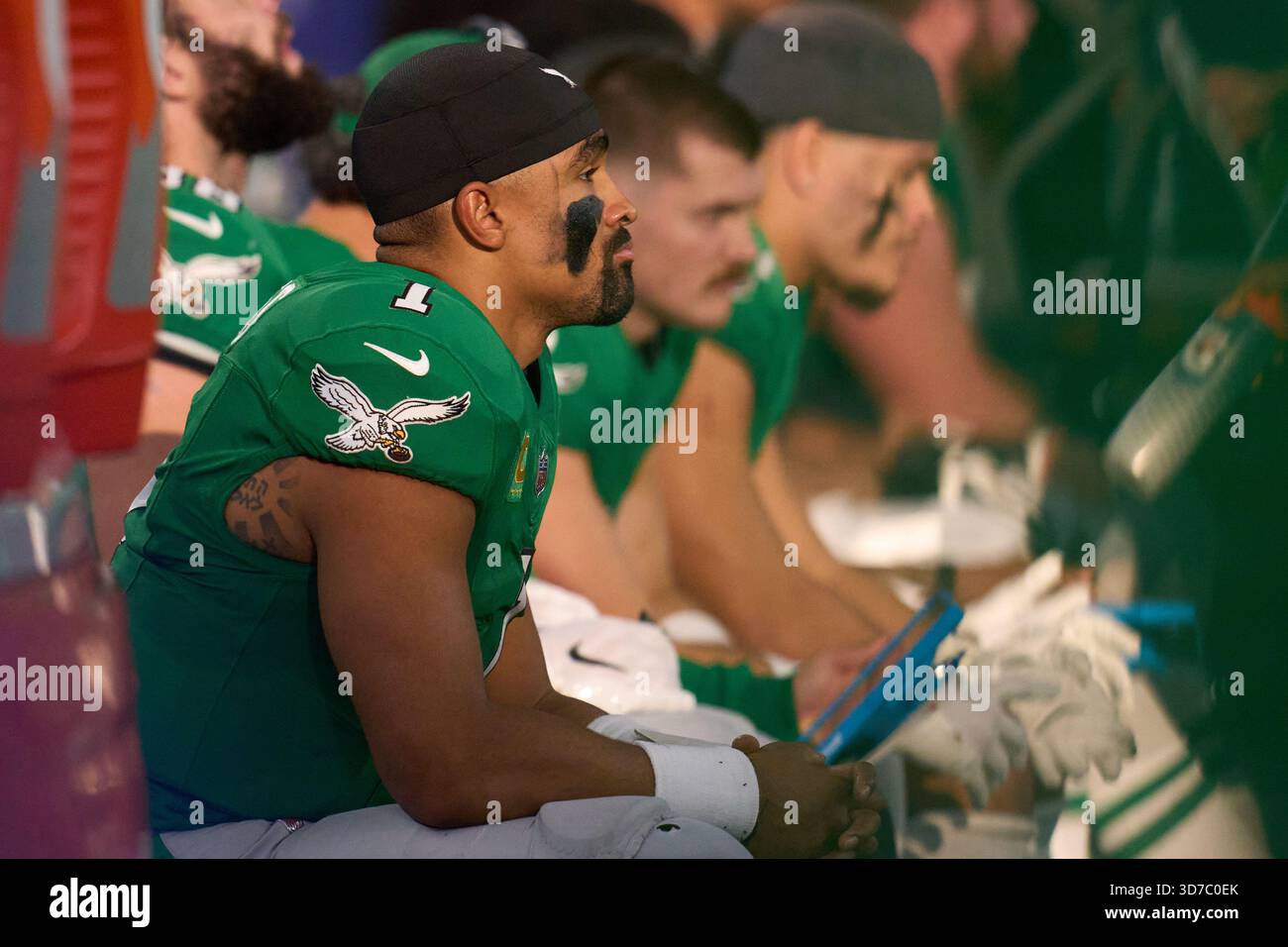 Philadelphia Eagles quarterback Jalen Hurts sits on the bench during an ...