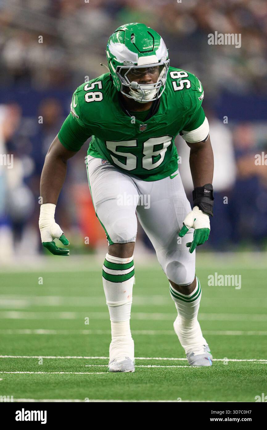 Philadelphia Eagles linebacker Jalyx Hunt waits for a play during an ...