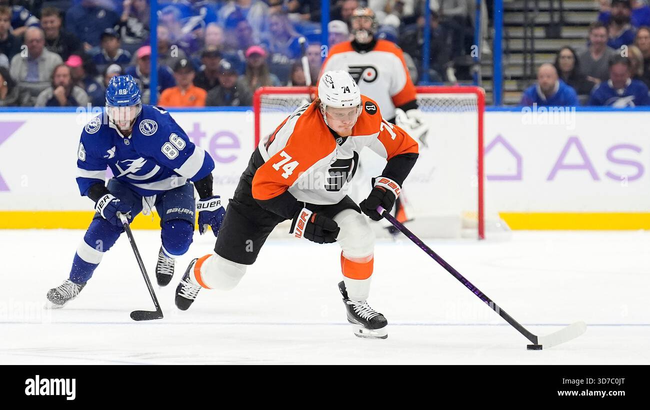 Philadelphia Flyers' Owen Tippett (74) breaks out against Tampa Bay ...