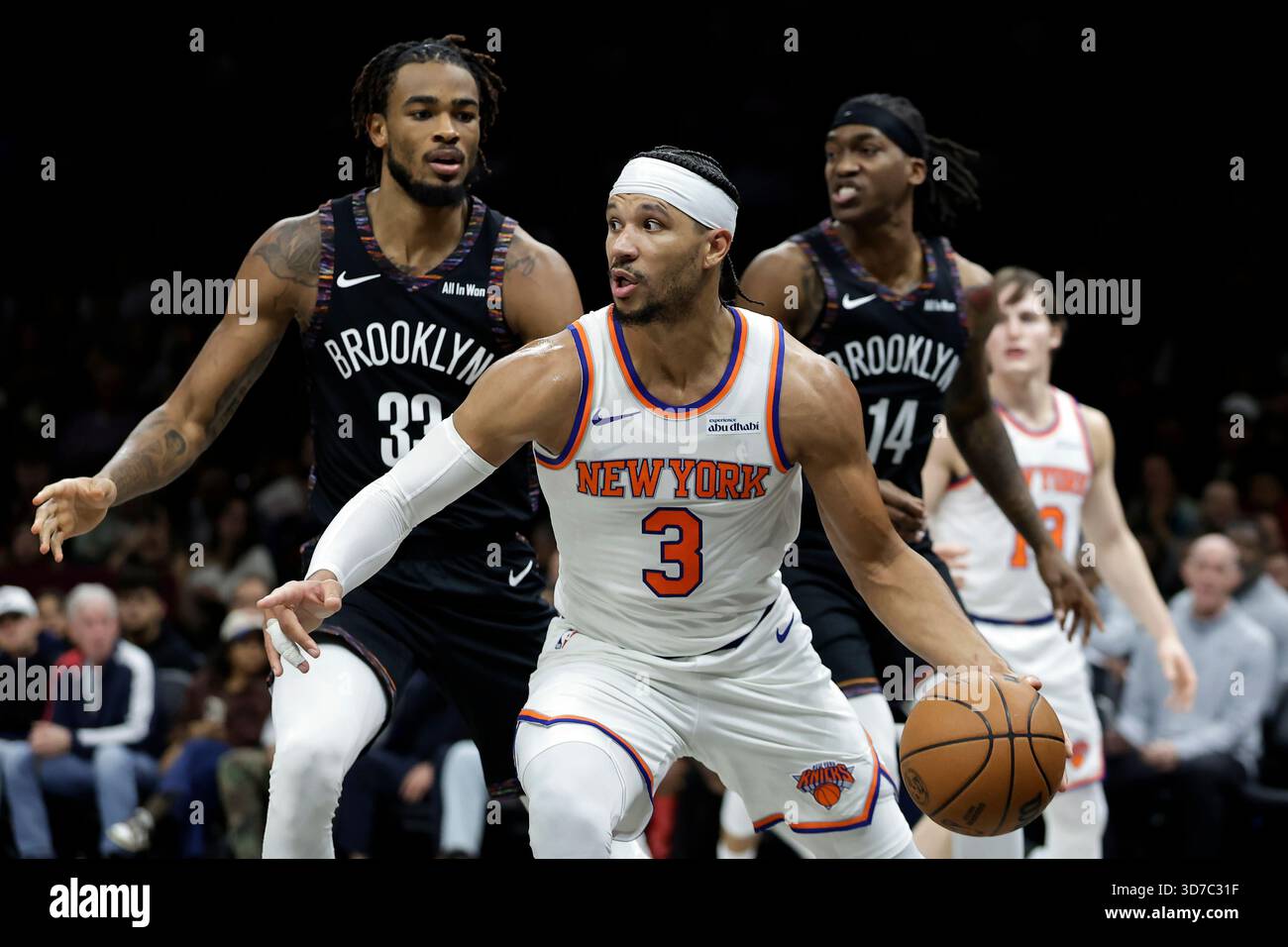 New York Knicks guard Josh Hart (3) looks to pass in front of Brooklyn ...