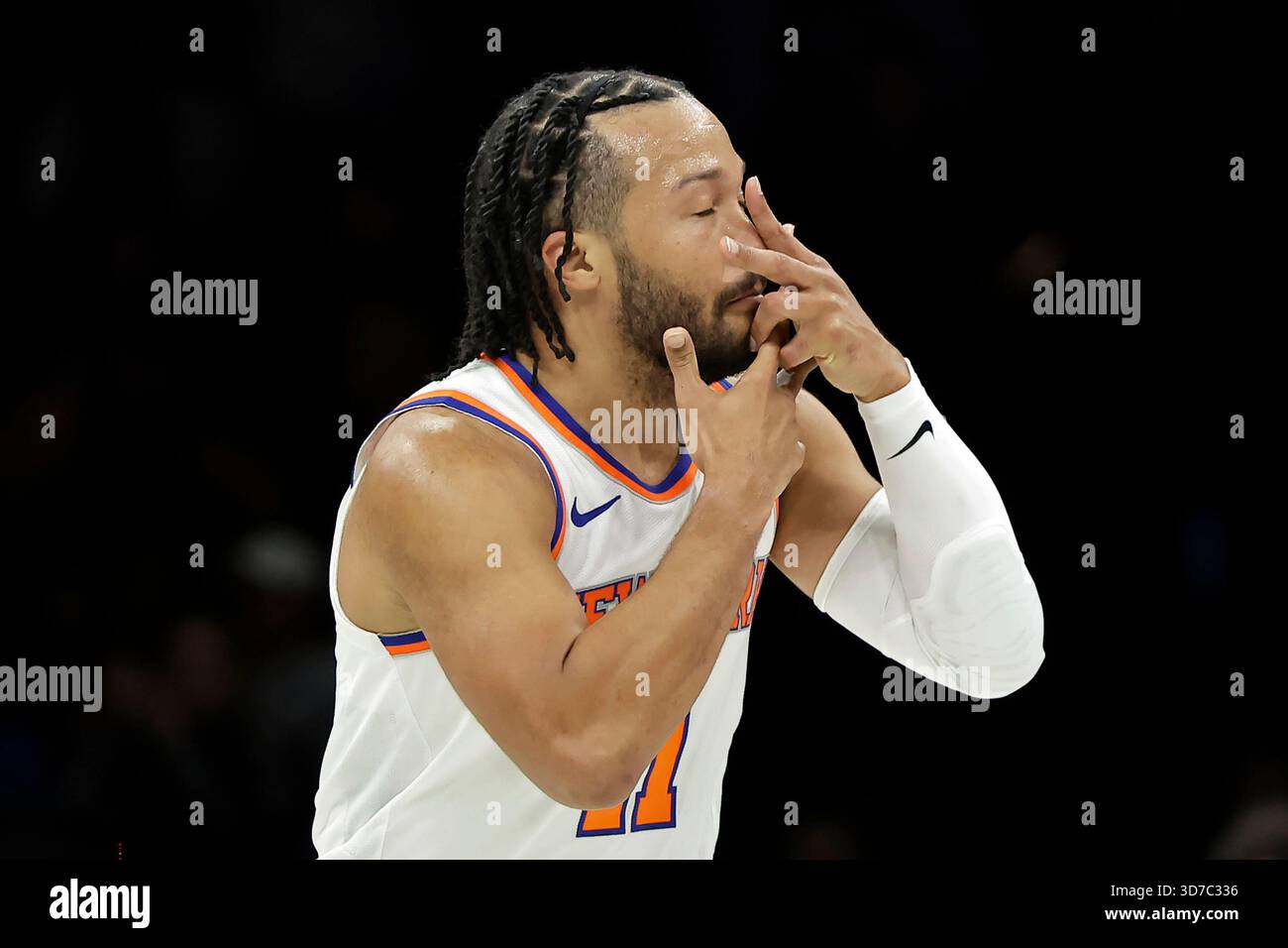 New York Knicks guard Jalen Brunson (11) reacts after making a three ...