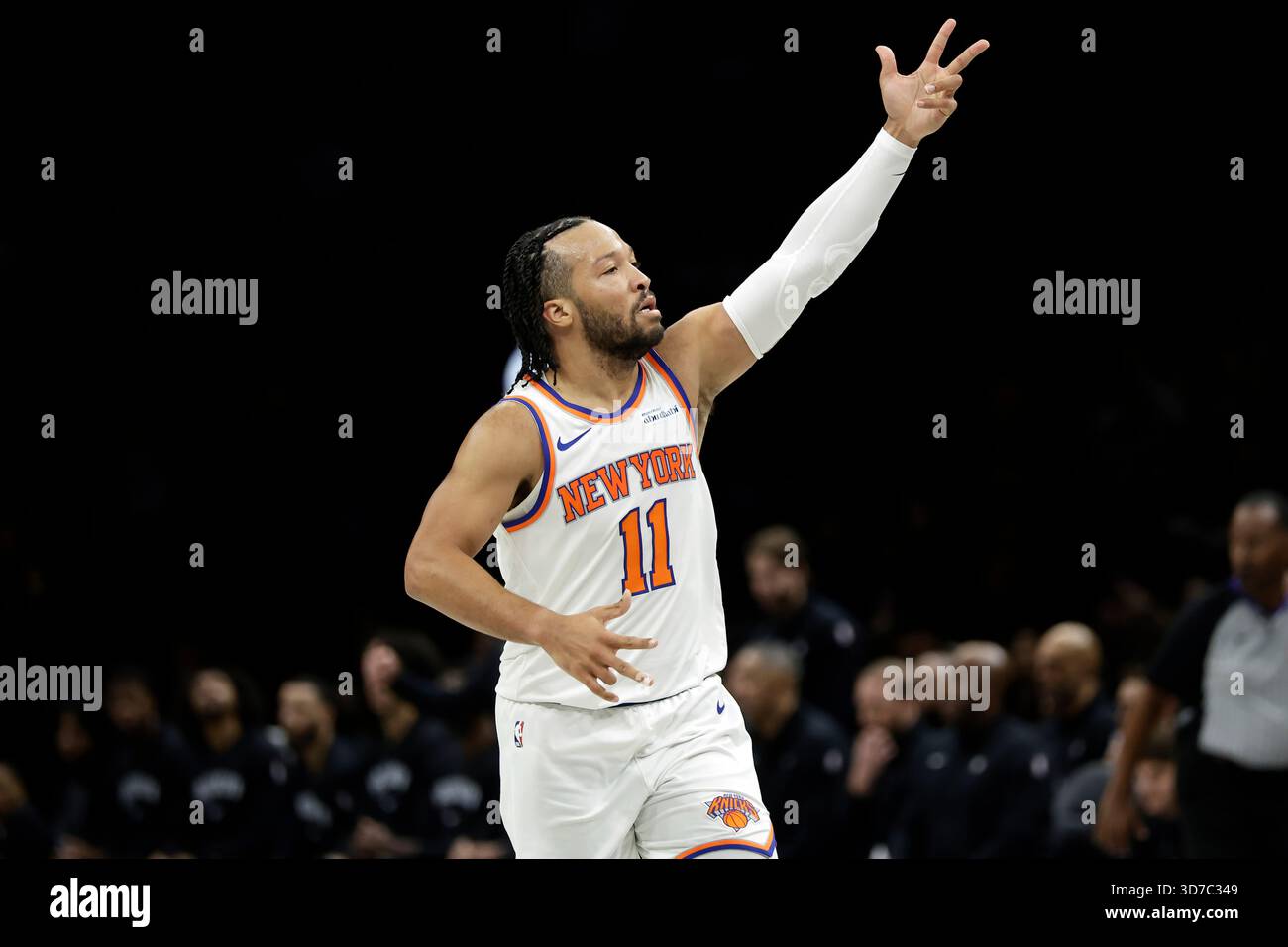 New York Knicks guard Jalen Brunson (11) reacts after making a three ...