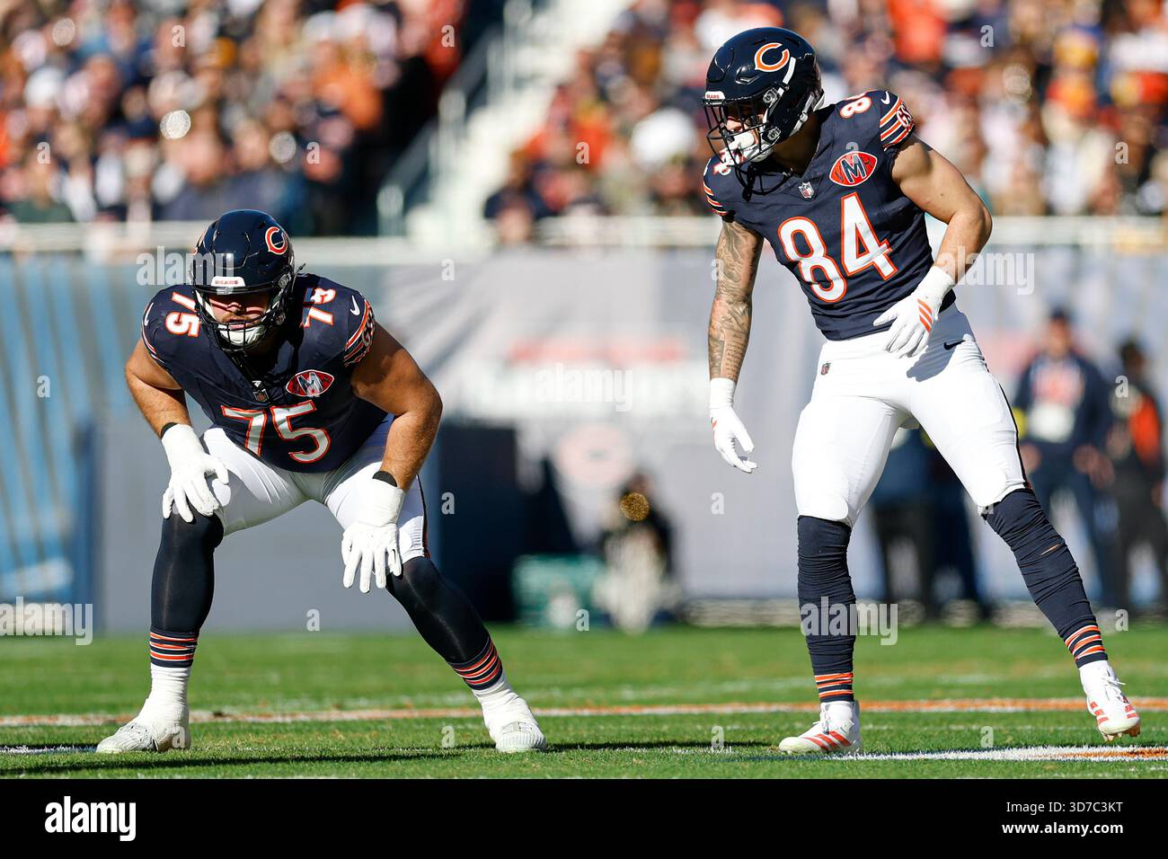 Chicago Bears offensive tackle Ozzy Trapilo (75) and tight end Colston ...