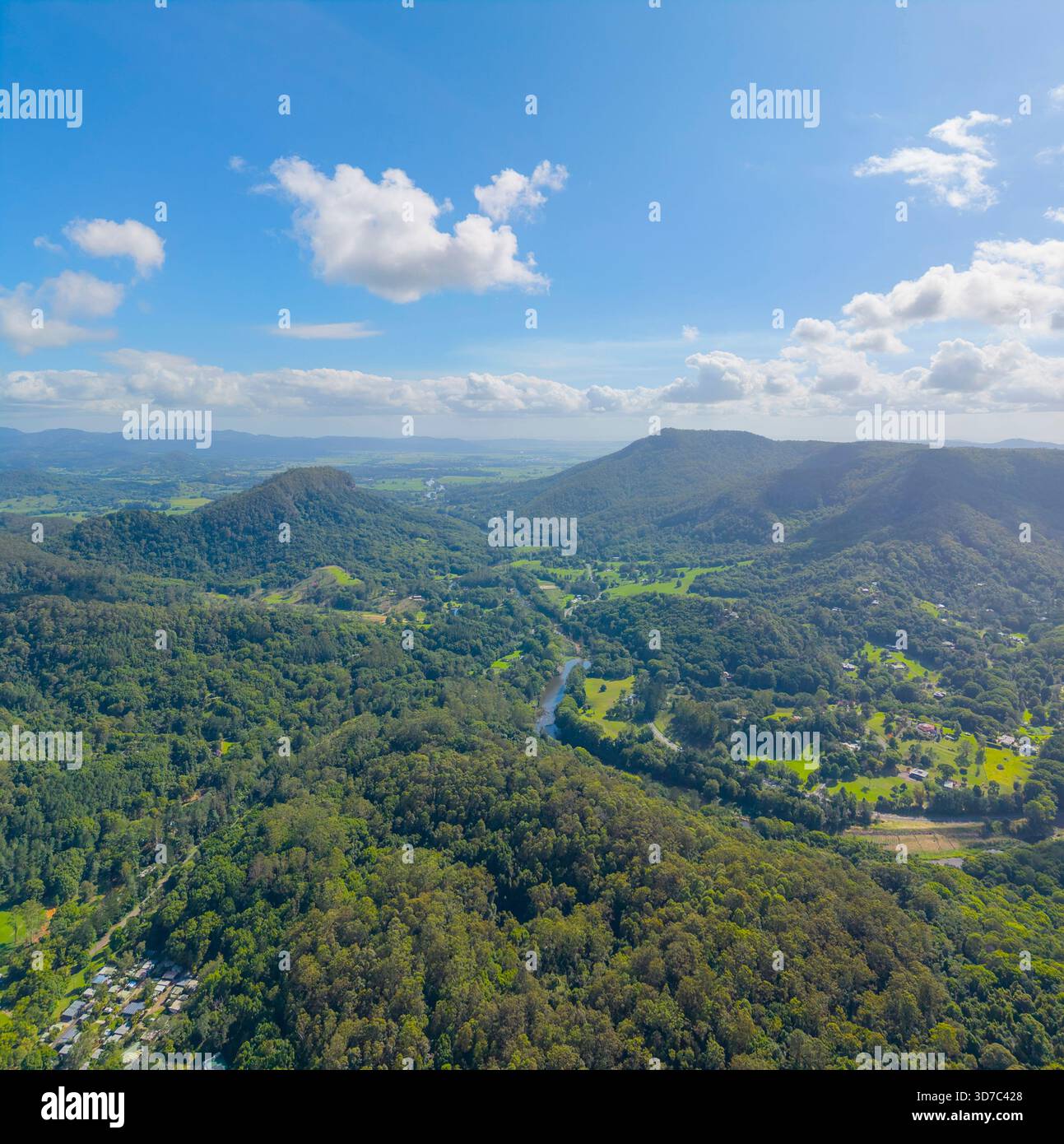 Aerial view of the Village of Uki looking out towards the coast Stock ...
