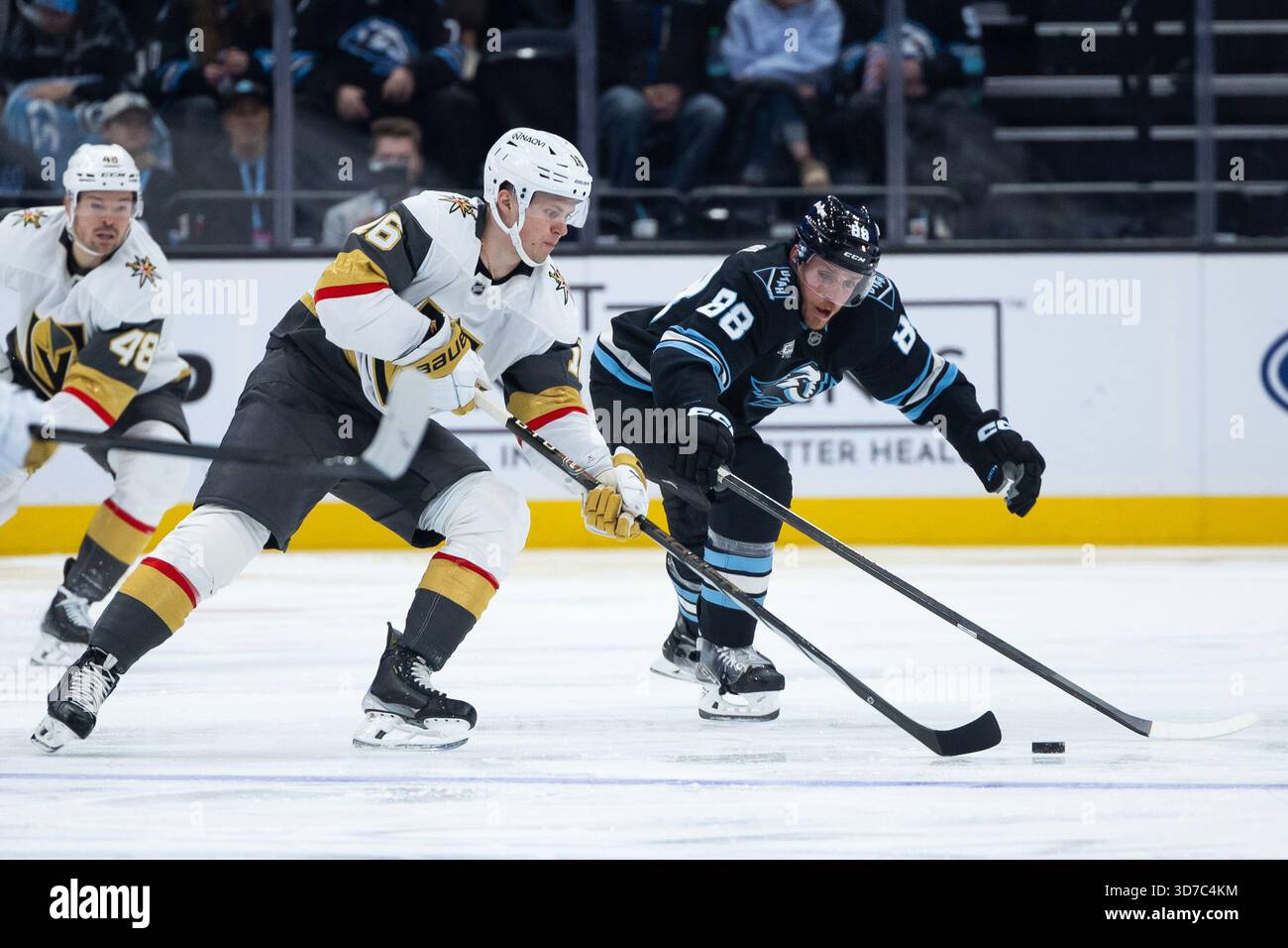 Utah Mammoth defenseman Nate Schmidt (88) defends Vegas Golden Knights ...