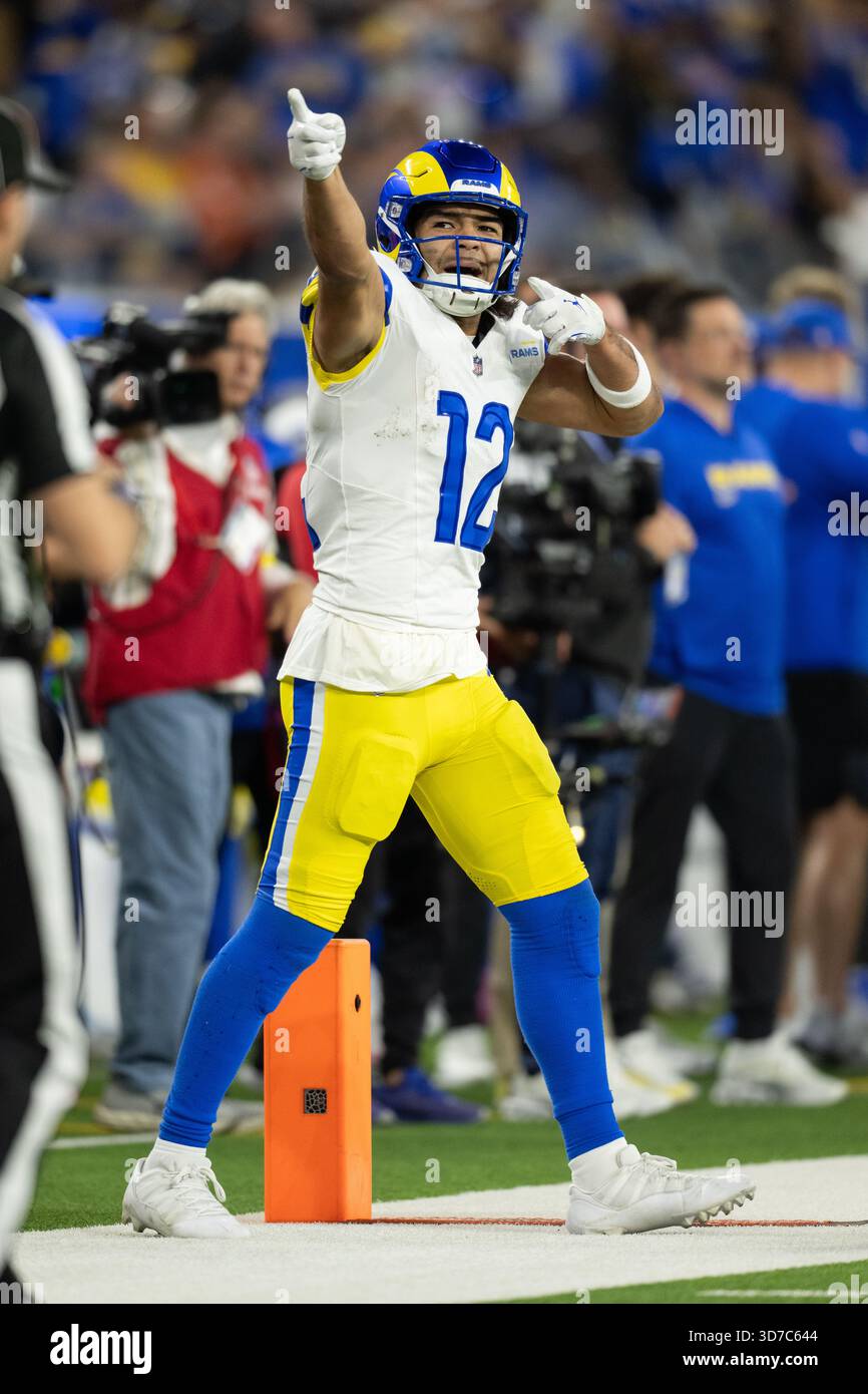 Los Angeles Rams wide receiver Puka Nacua (12) gestures during an NFL ...