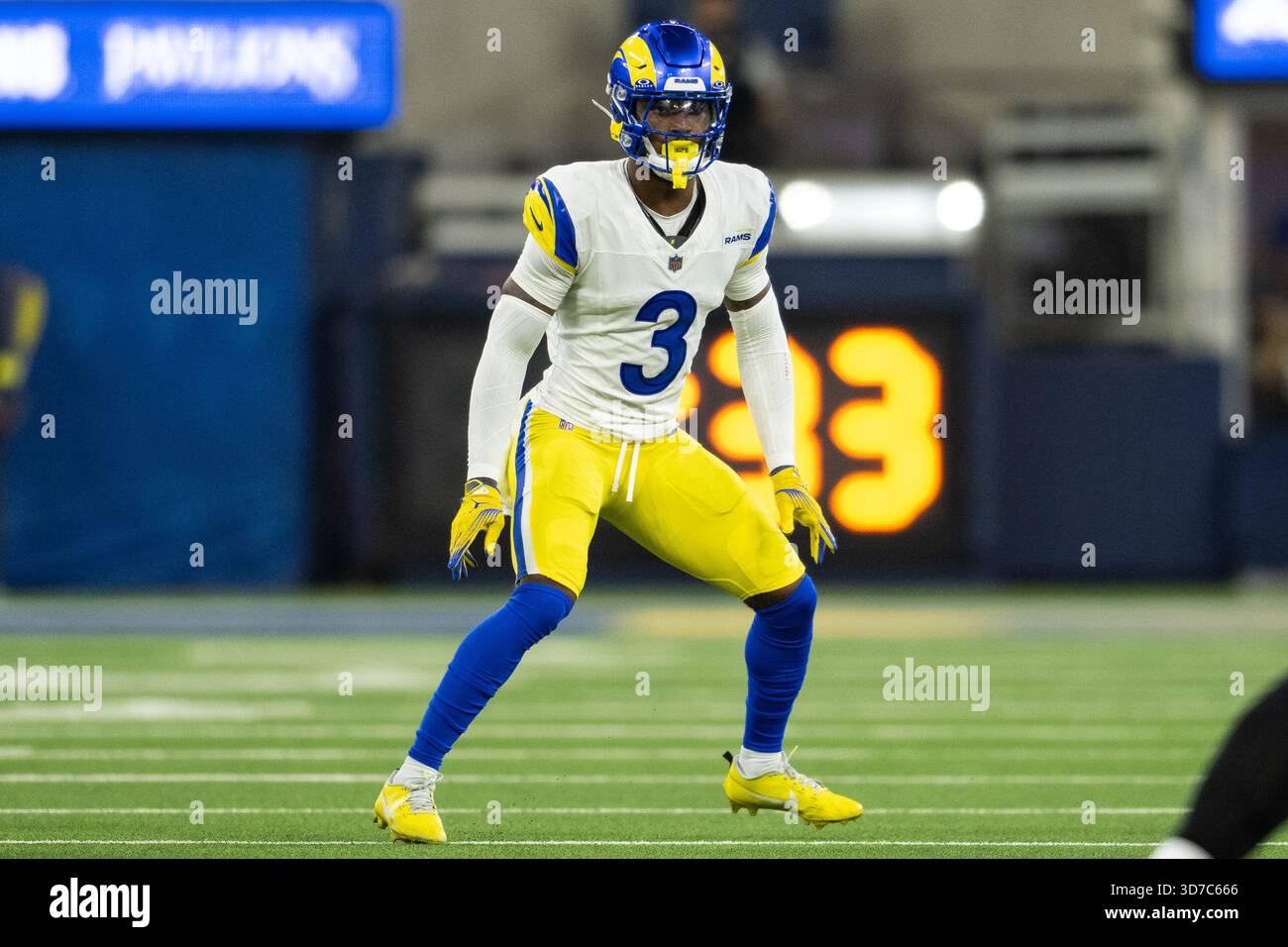 Los Angeles Rams safety Kam Curl (3) takes his stance during an NFL ...